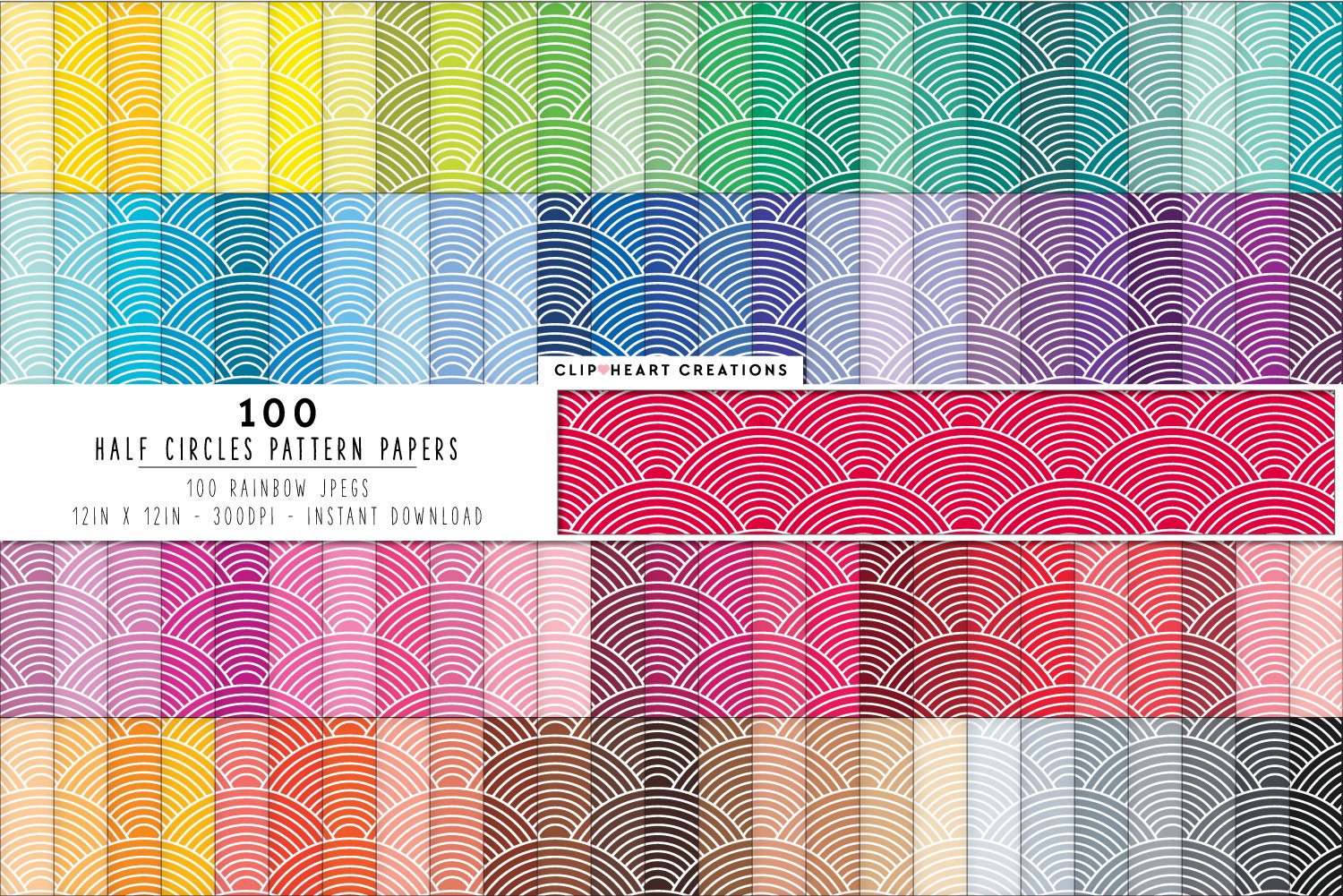100 Half Circles Pattern Digital Papers - rainbow colours (118432 ...