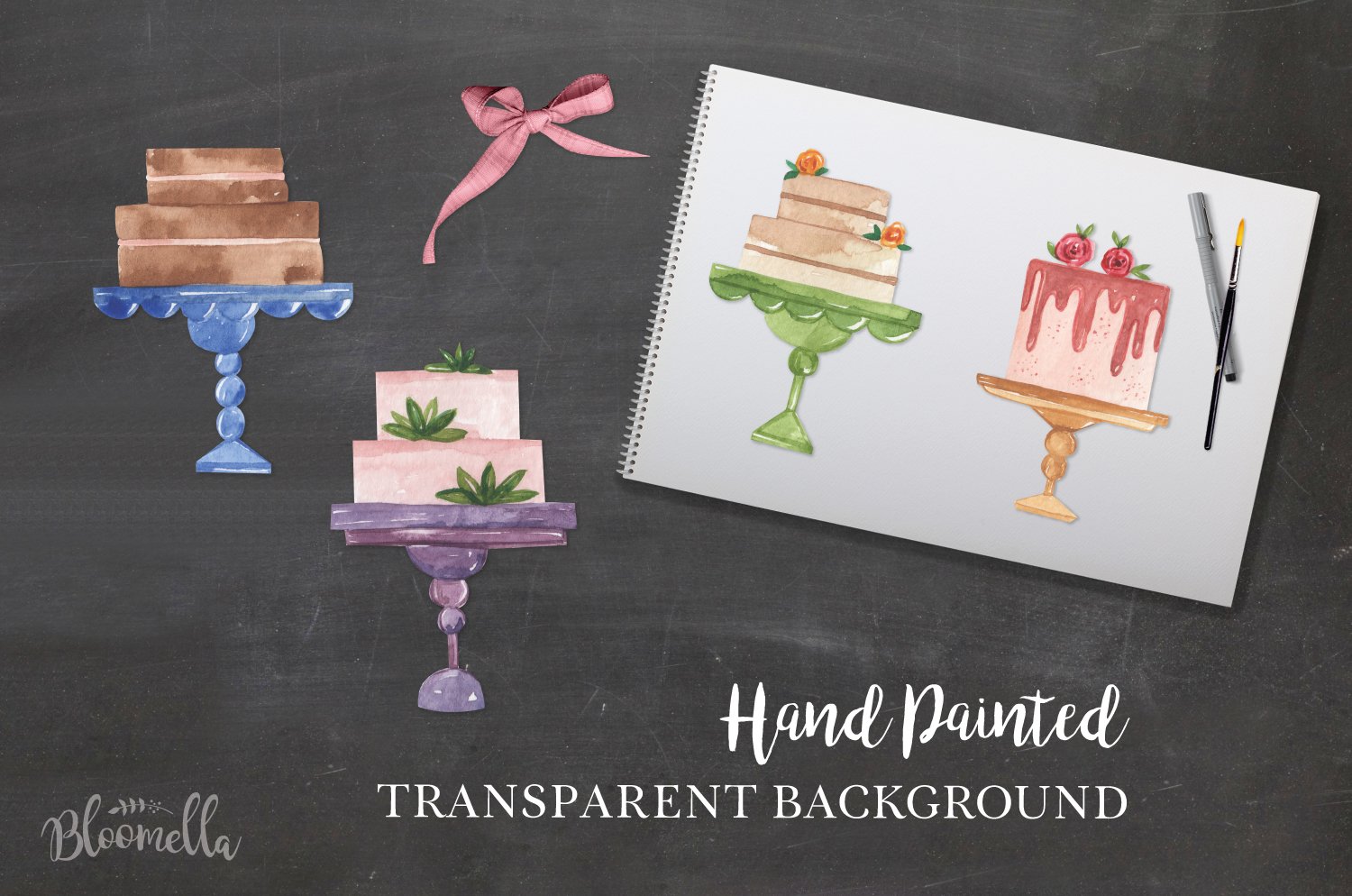 Watercolor 8 Cake Elements Icing Stands Bakery Leaves Pretty