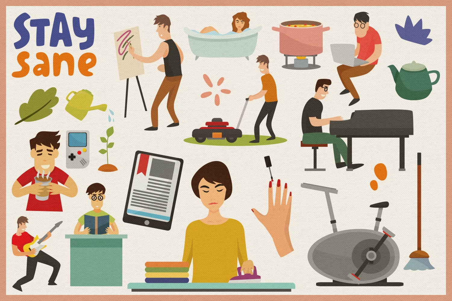 Stay At Home Vector Clipart and Seamless Pattern