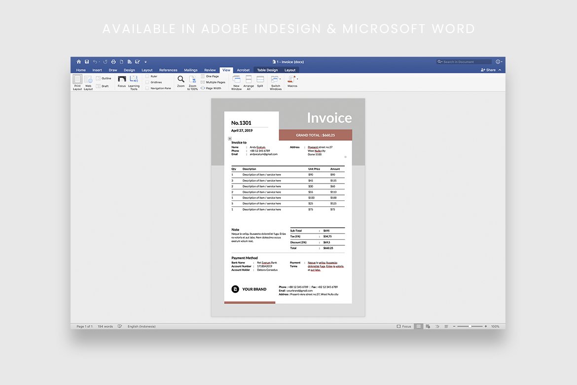 Invoice | MS Word & Indesign (250538) | Customizable Templates | Design ...
