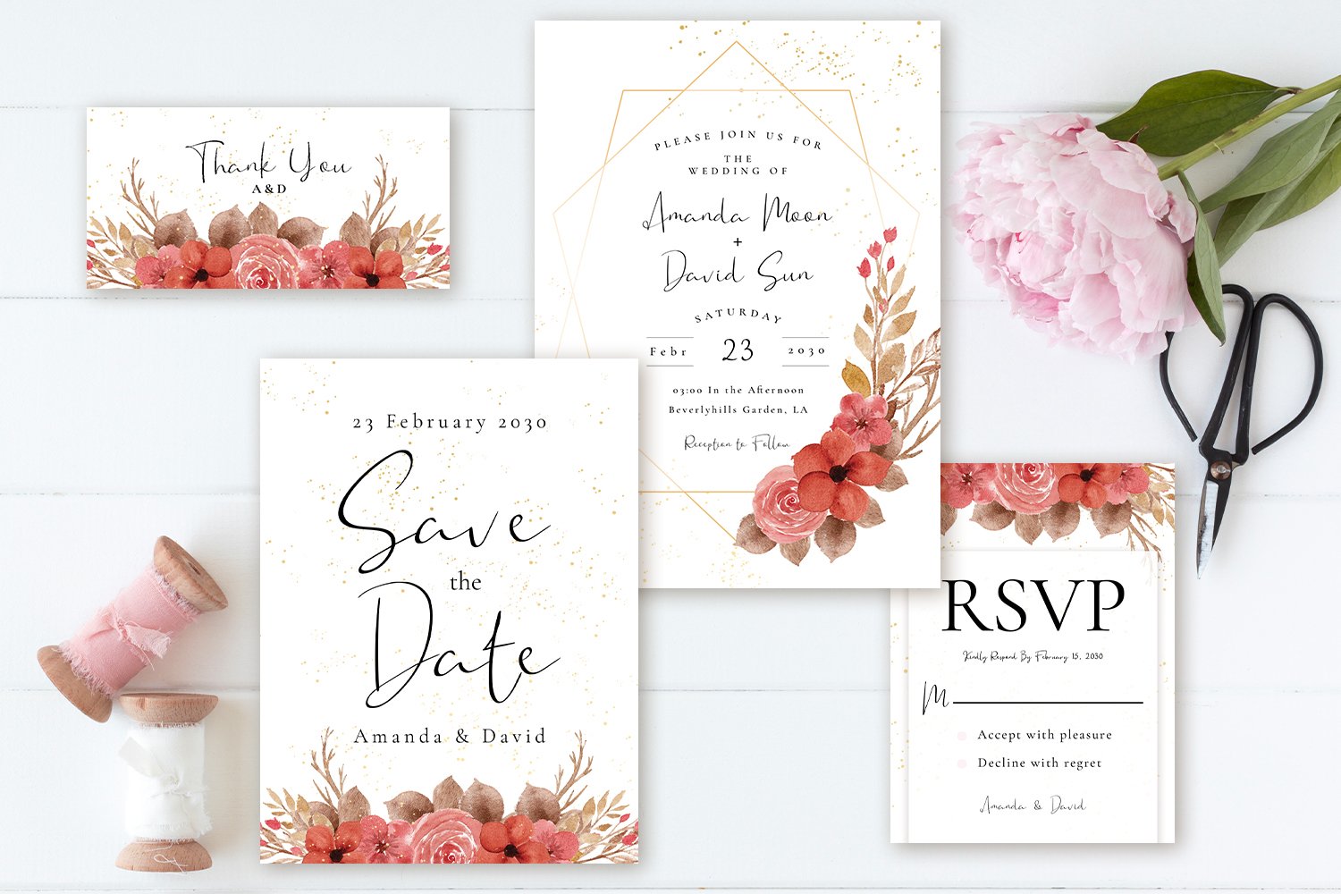 Pretty Vintage Red Rustic Flowers Wedding Invitation Set