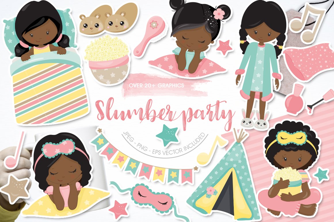 African American slumber party girls graphics - vectors