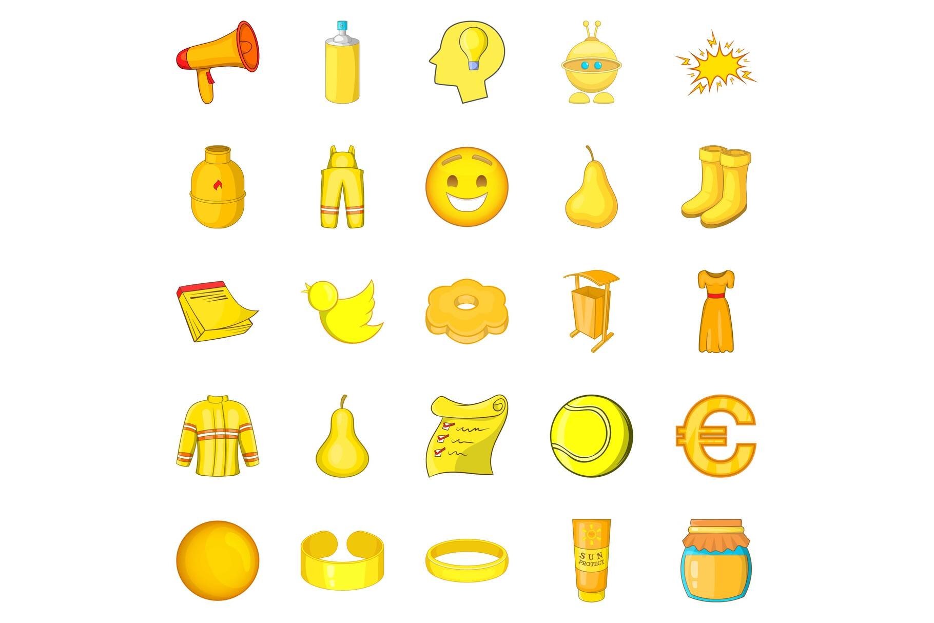Yellow icons set, cartoon style (323467) | Icons | Design Bundles