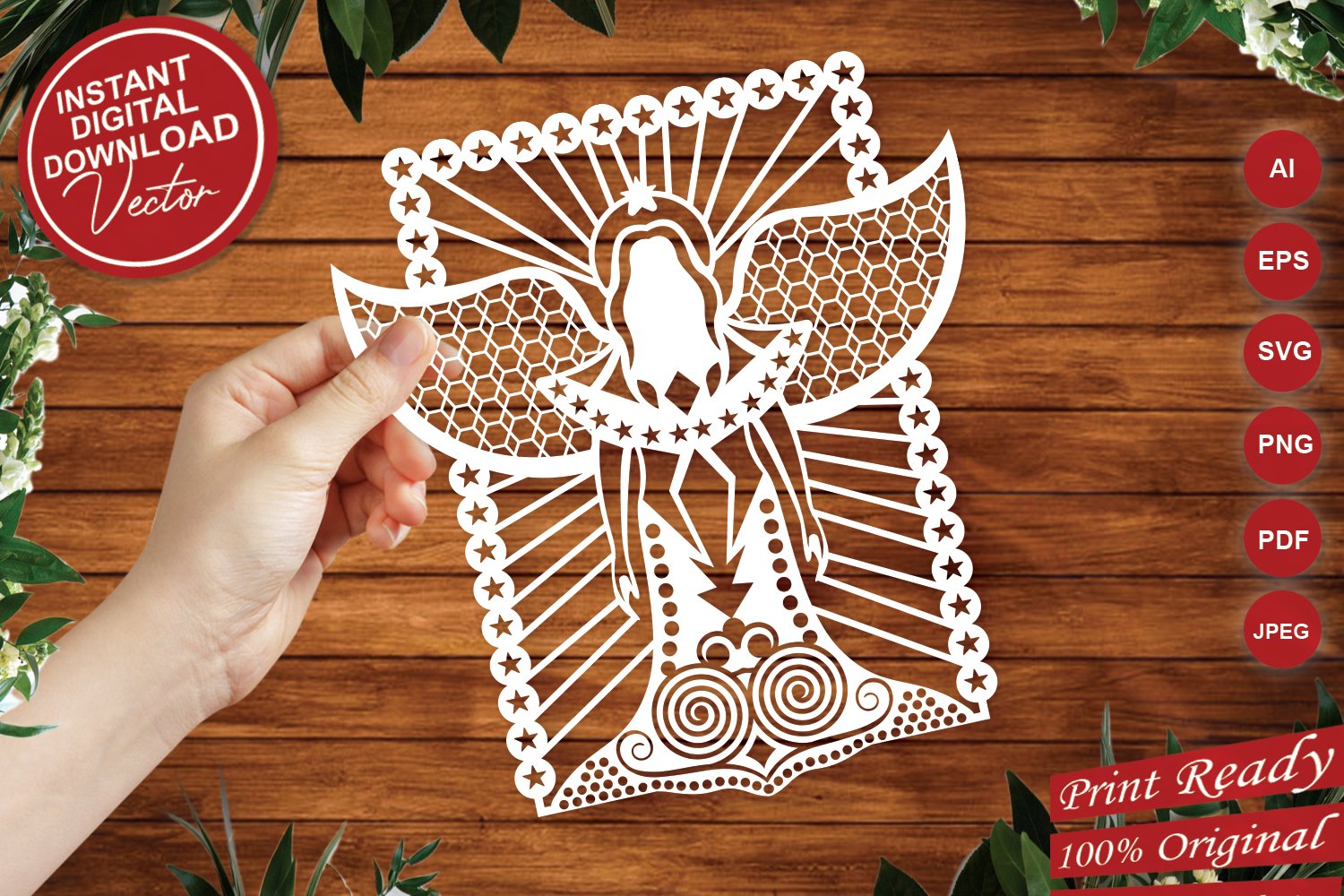 Papercut Angel Frame Design with Abstract Shapes and Spirals