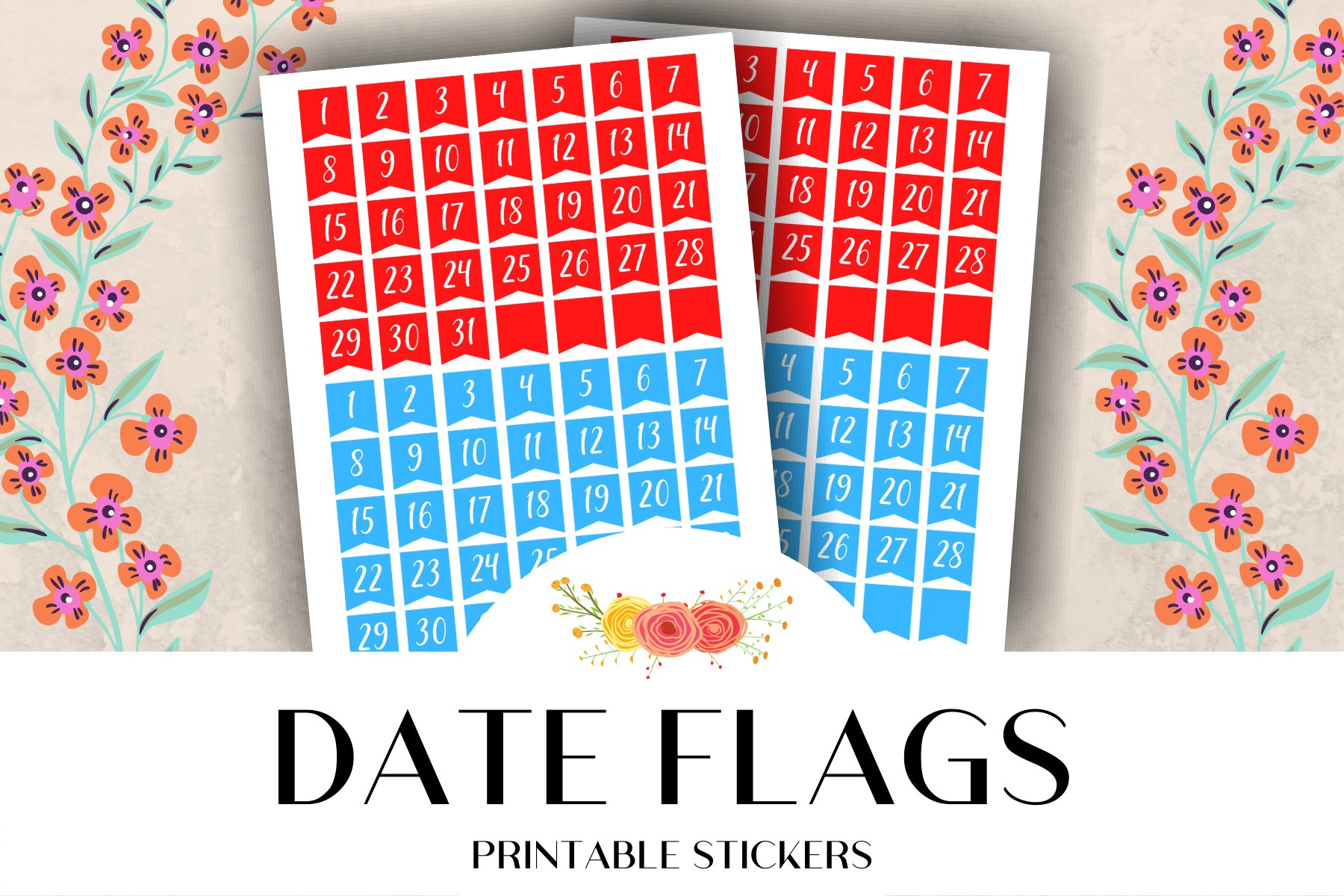 Date Flags Calendar Printable Stickers (670505) | Stickers | Design Bundles