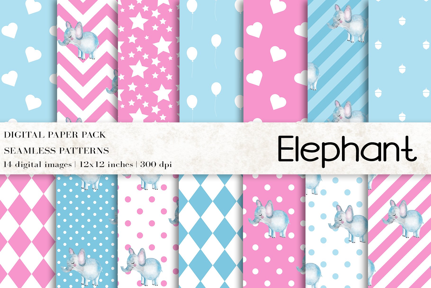 Watercolor Elephant Digital Papers, Animal Digital Papers (661070 ...