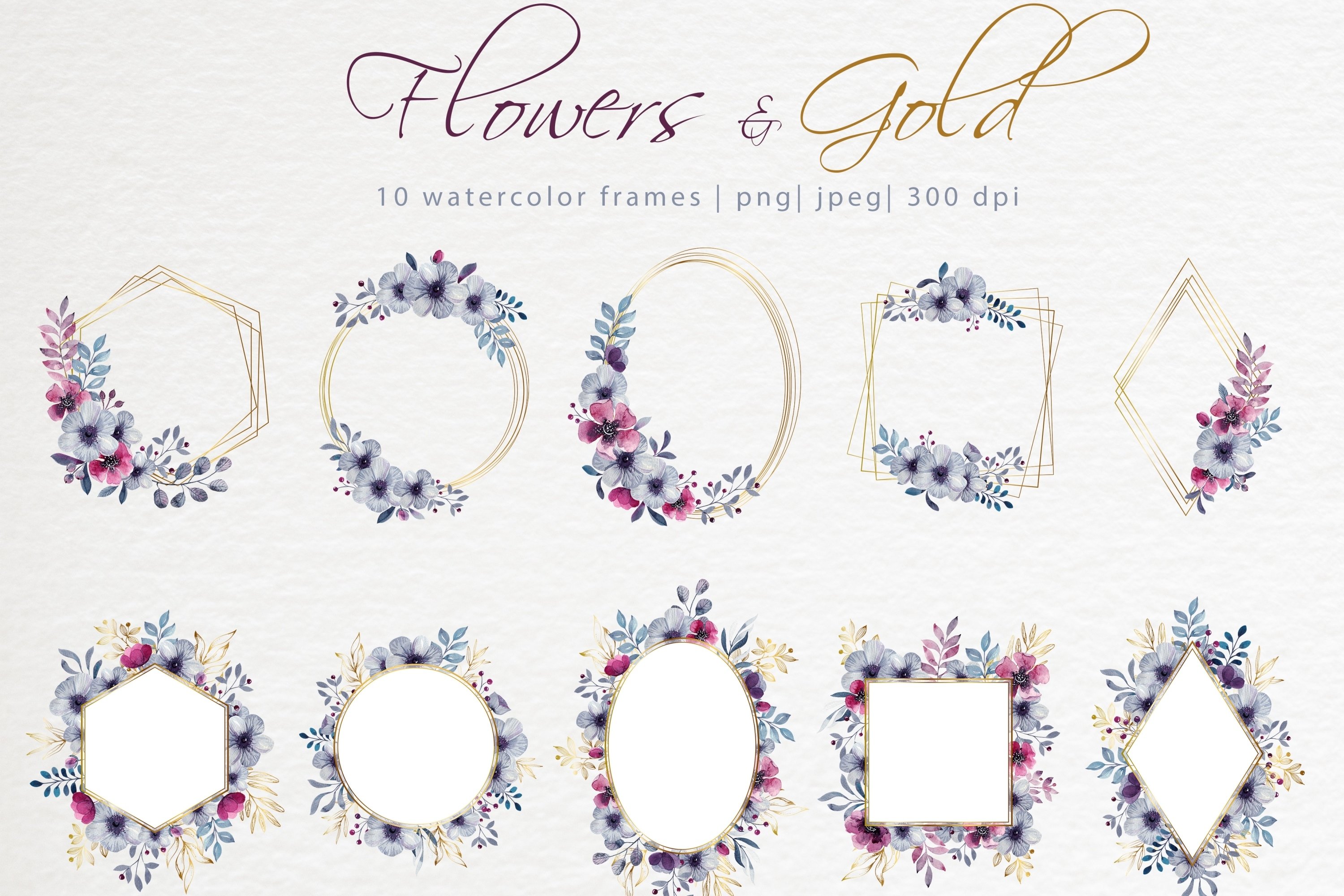 Watercolor delicate floral frames with gold geometric forms (483668 ...