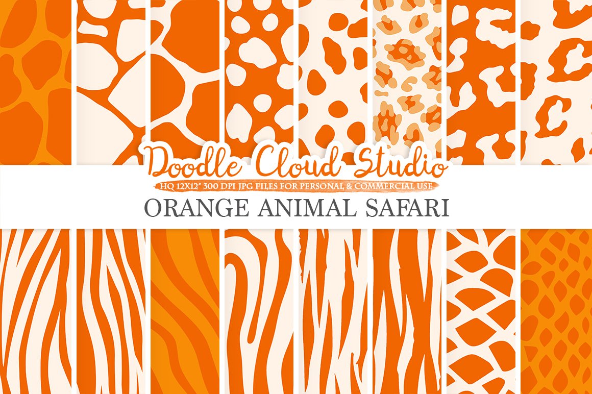 Orange Animal Safari digital paper, Fur pattern, Giraffe Zebra Leopard ...
