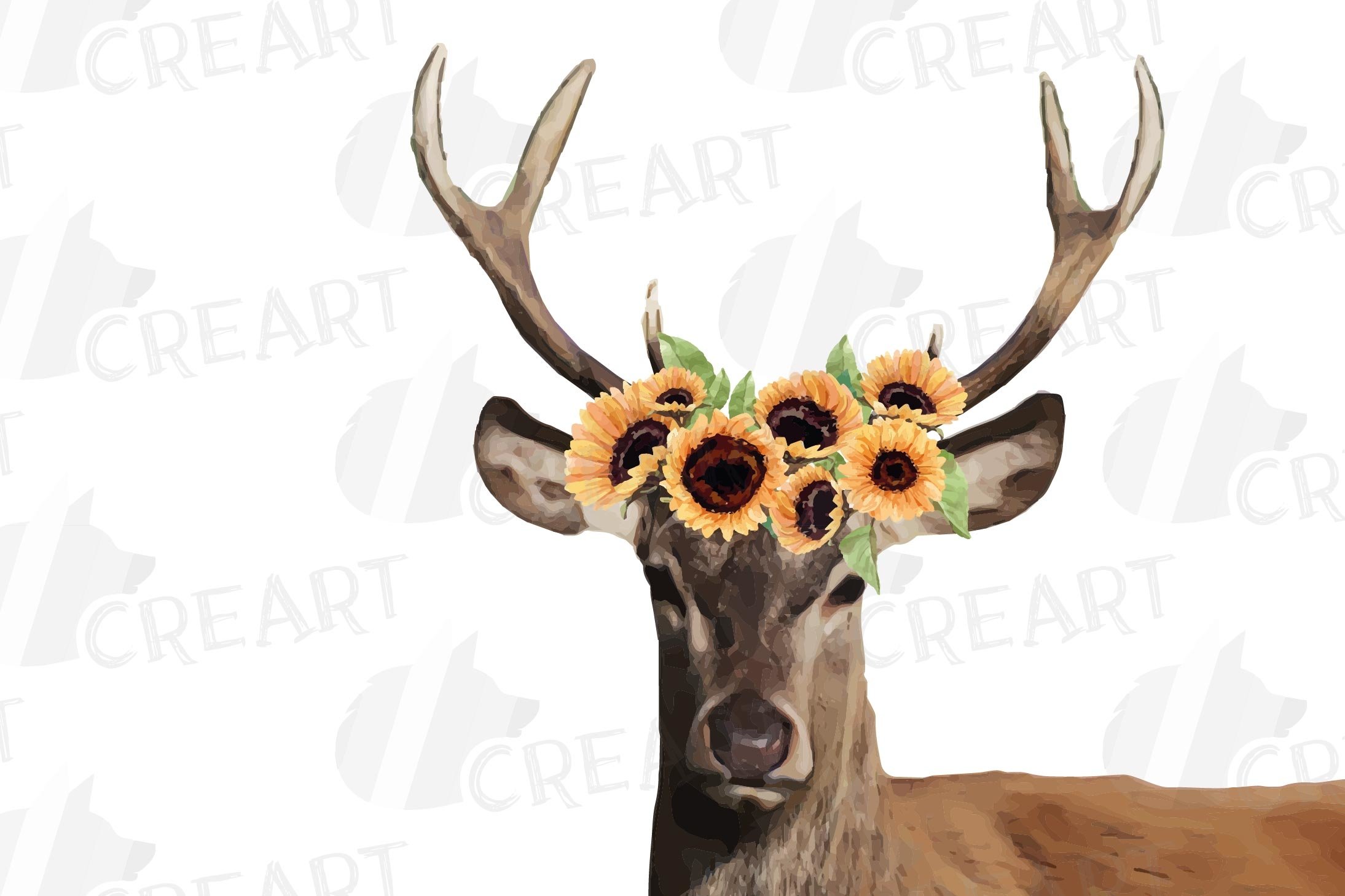 Deer couple with sunflower crown decoration clip art. (357905 ...