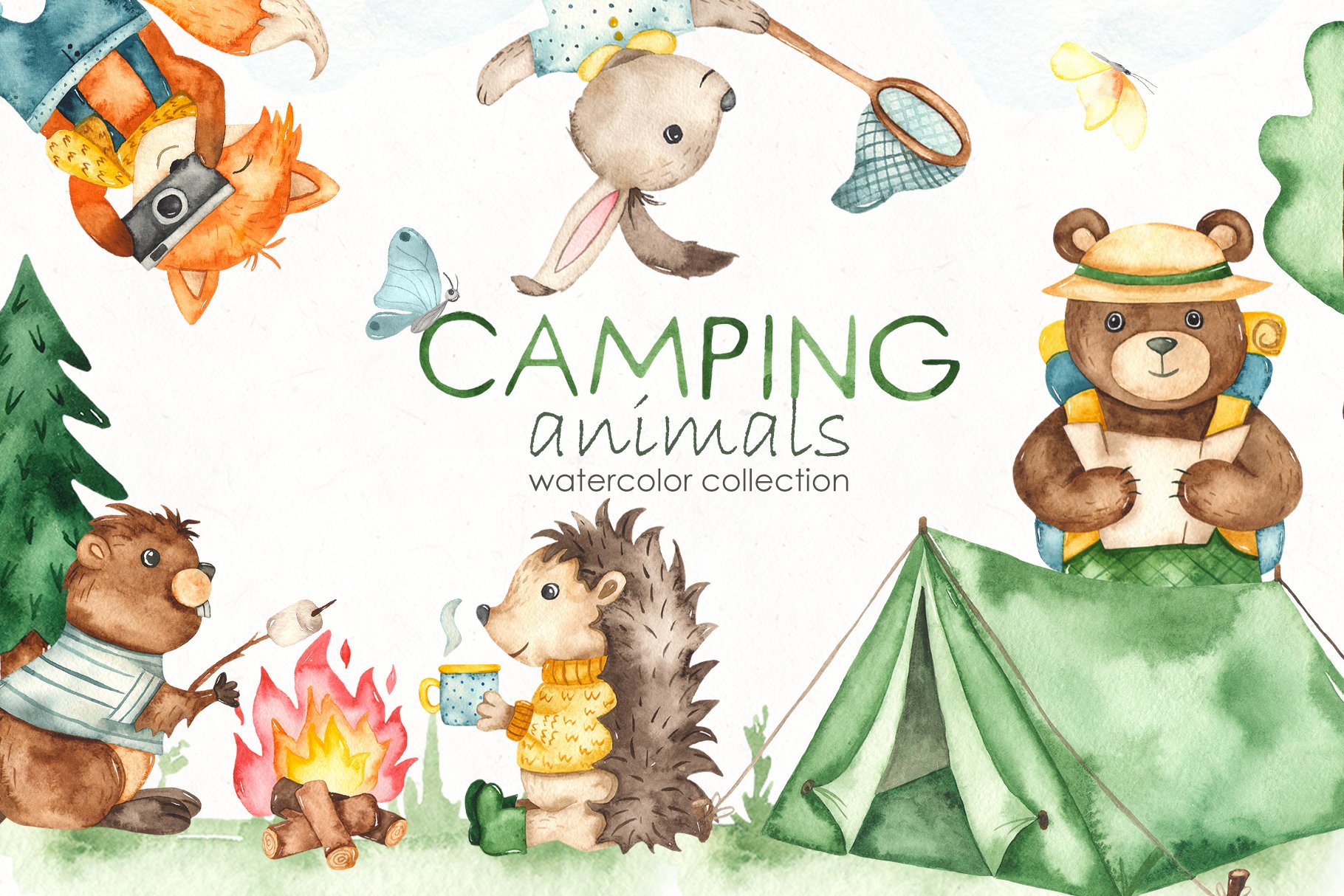 Camping animals Watercolor Clipart, cards, seamless patterns