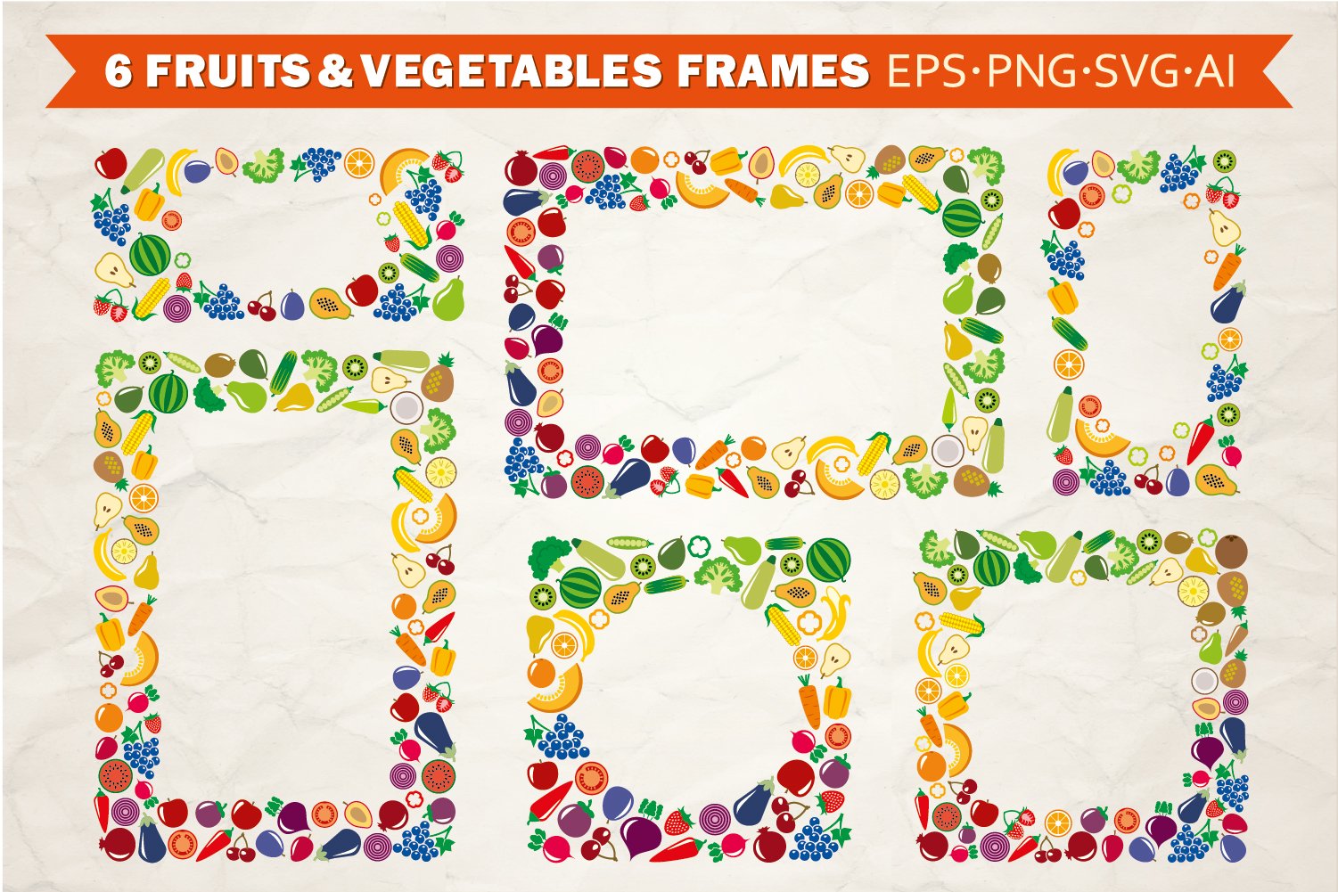 6 fruits and vegetables frames vector illustration set (1406295 ...
