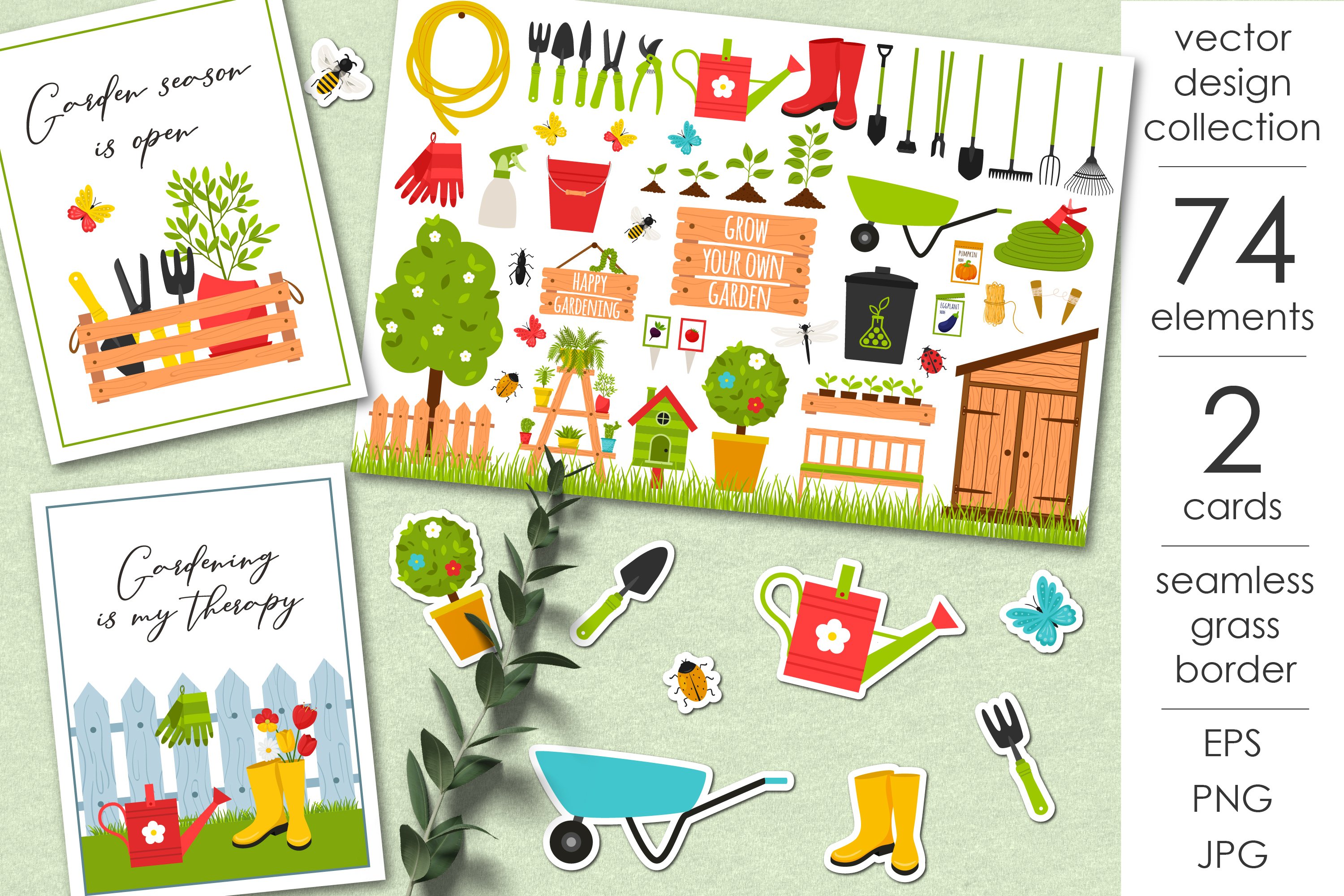 Gardening design elements EPS. Vector garden collection