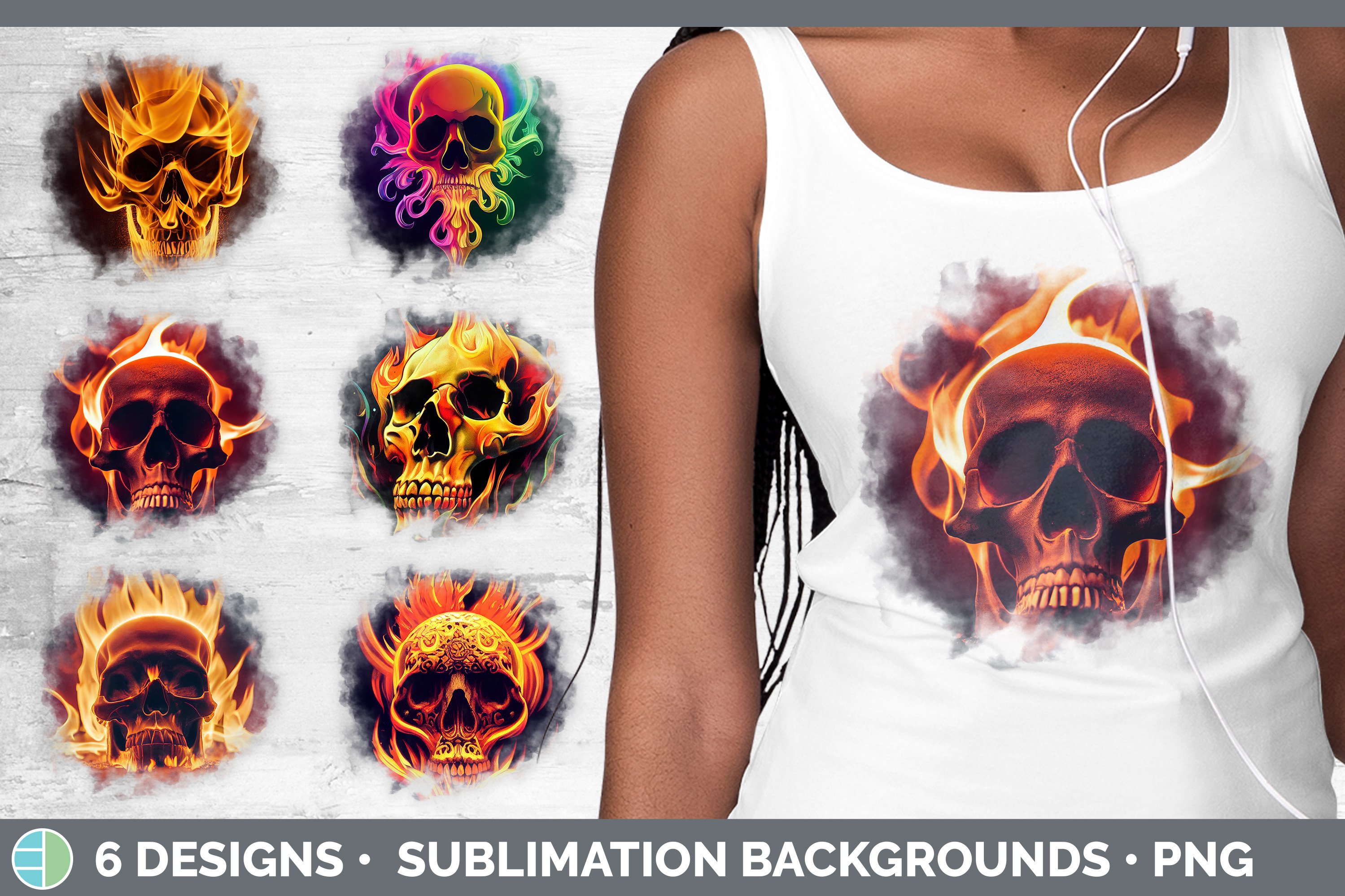 Halloween Fire Skulls Background | Grunge Sublimation Backgr