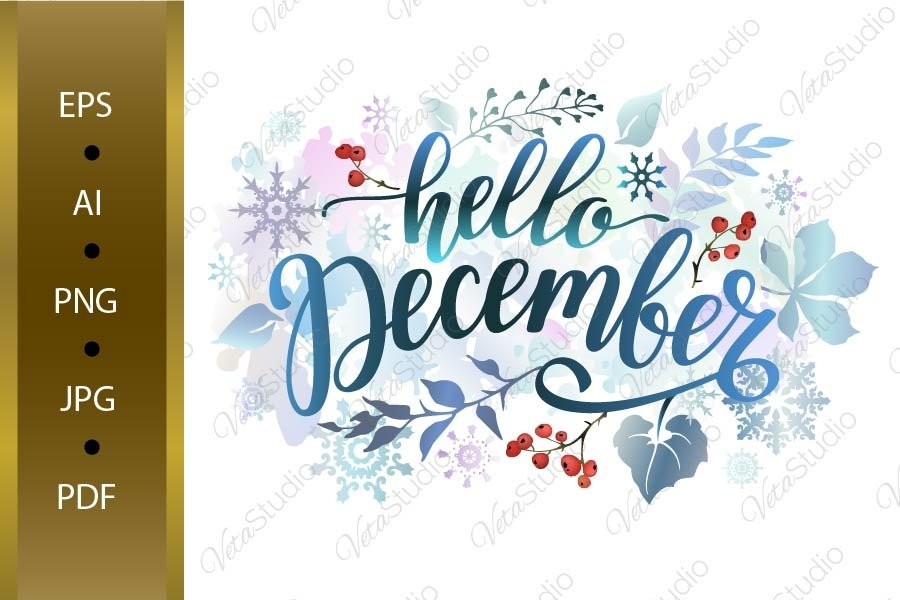 Hello December banner with lettering and snowflakes. EPS 10.