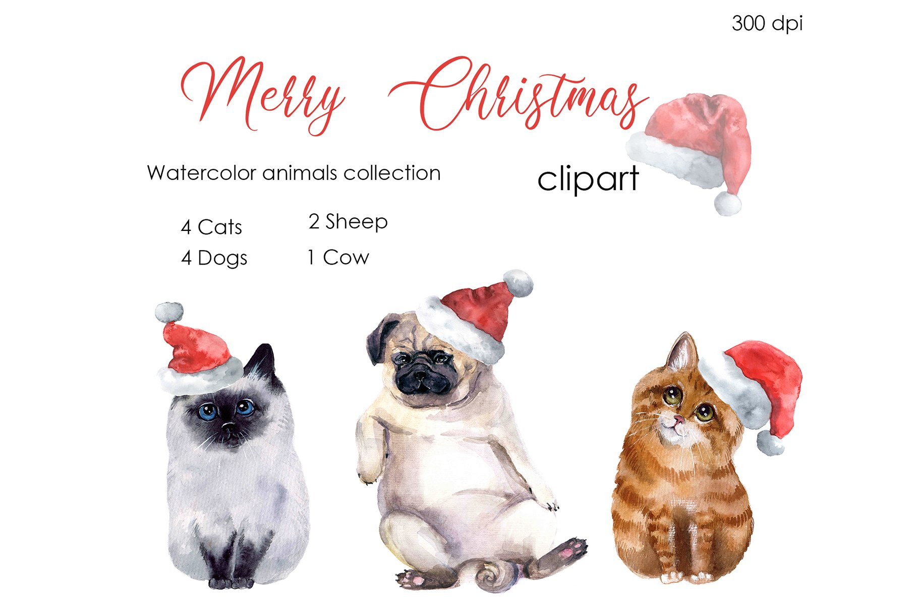 Christmas watercolor Clipart. Christmas animals (1624090)