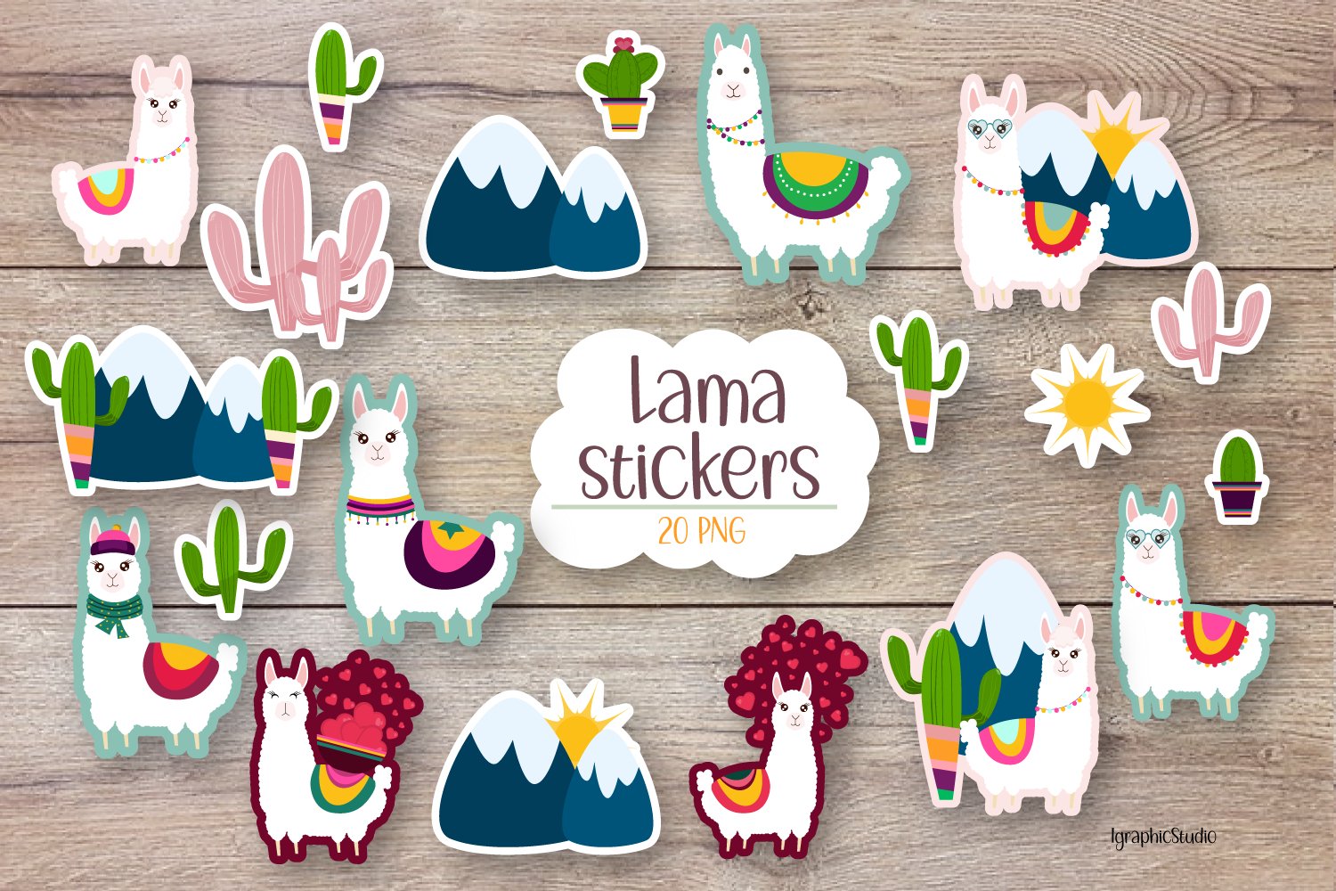 Llama and cactus stickers bundle (1994164) | Stickers | Design Bundles