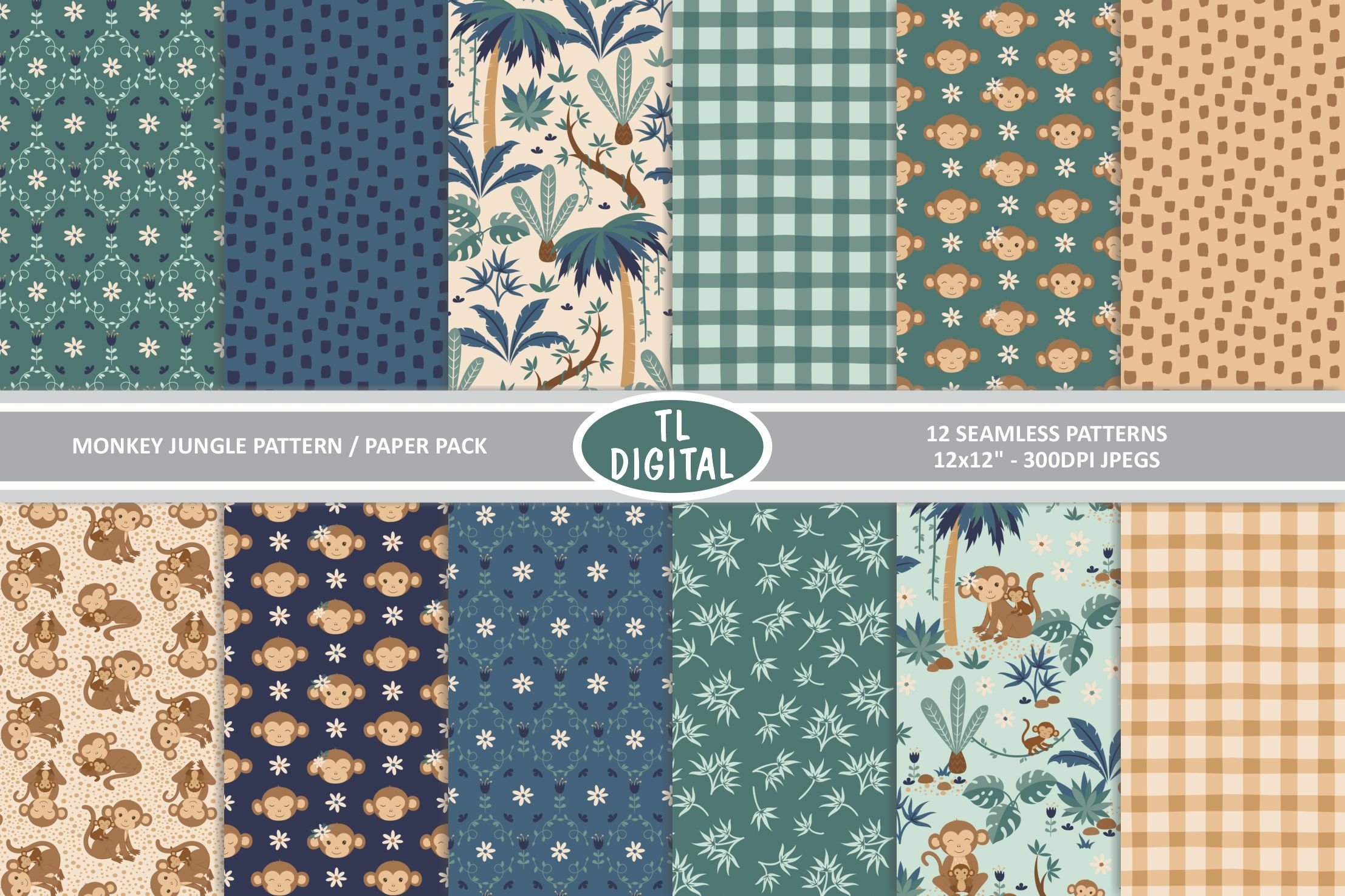 Monkey Jungle Pattern Pack - 12 Seamless Designs (1458097) | Patterns ...