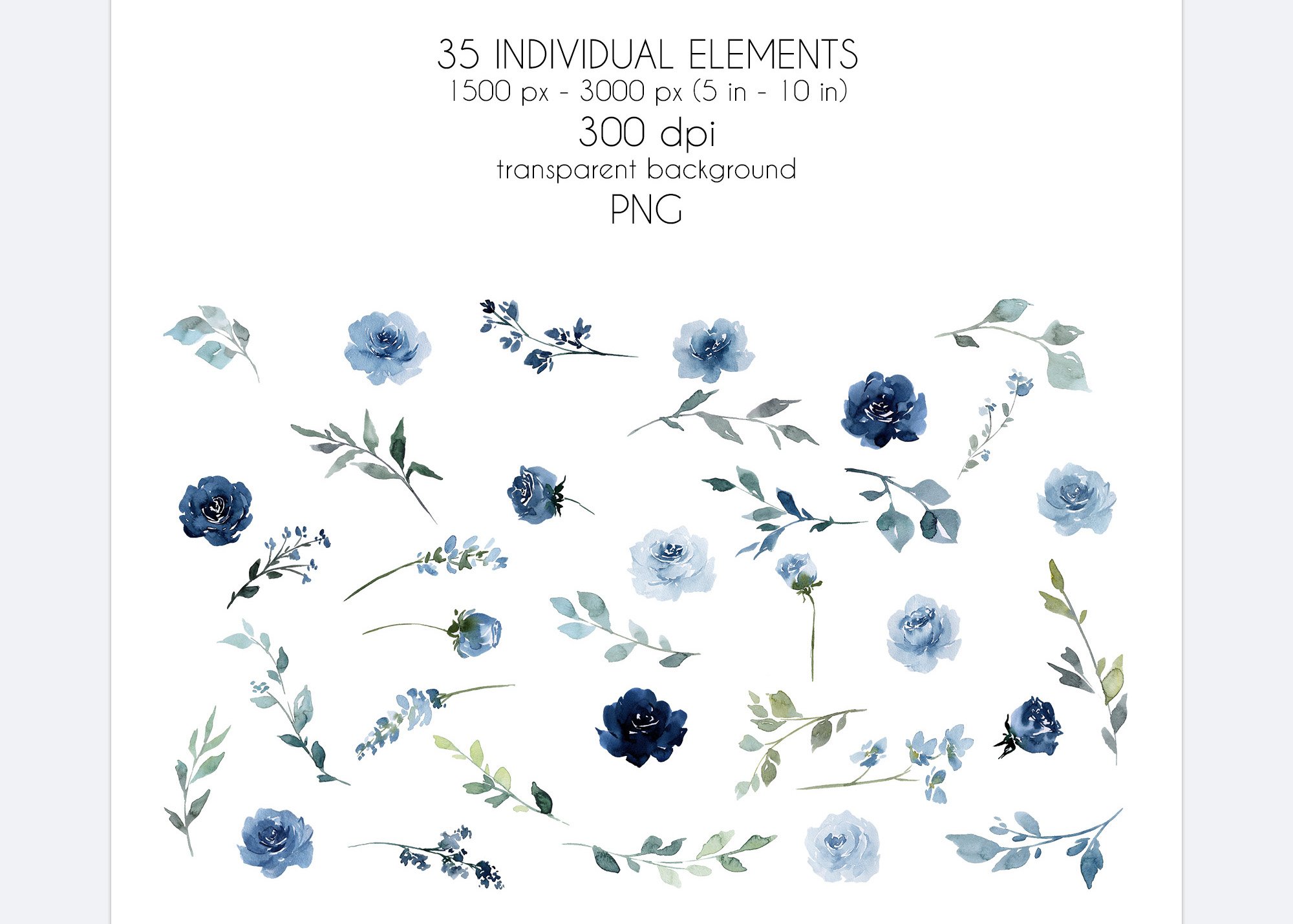 Navy White Watercolor Floral Clipart Elements Blue Flowers Png Wedding