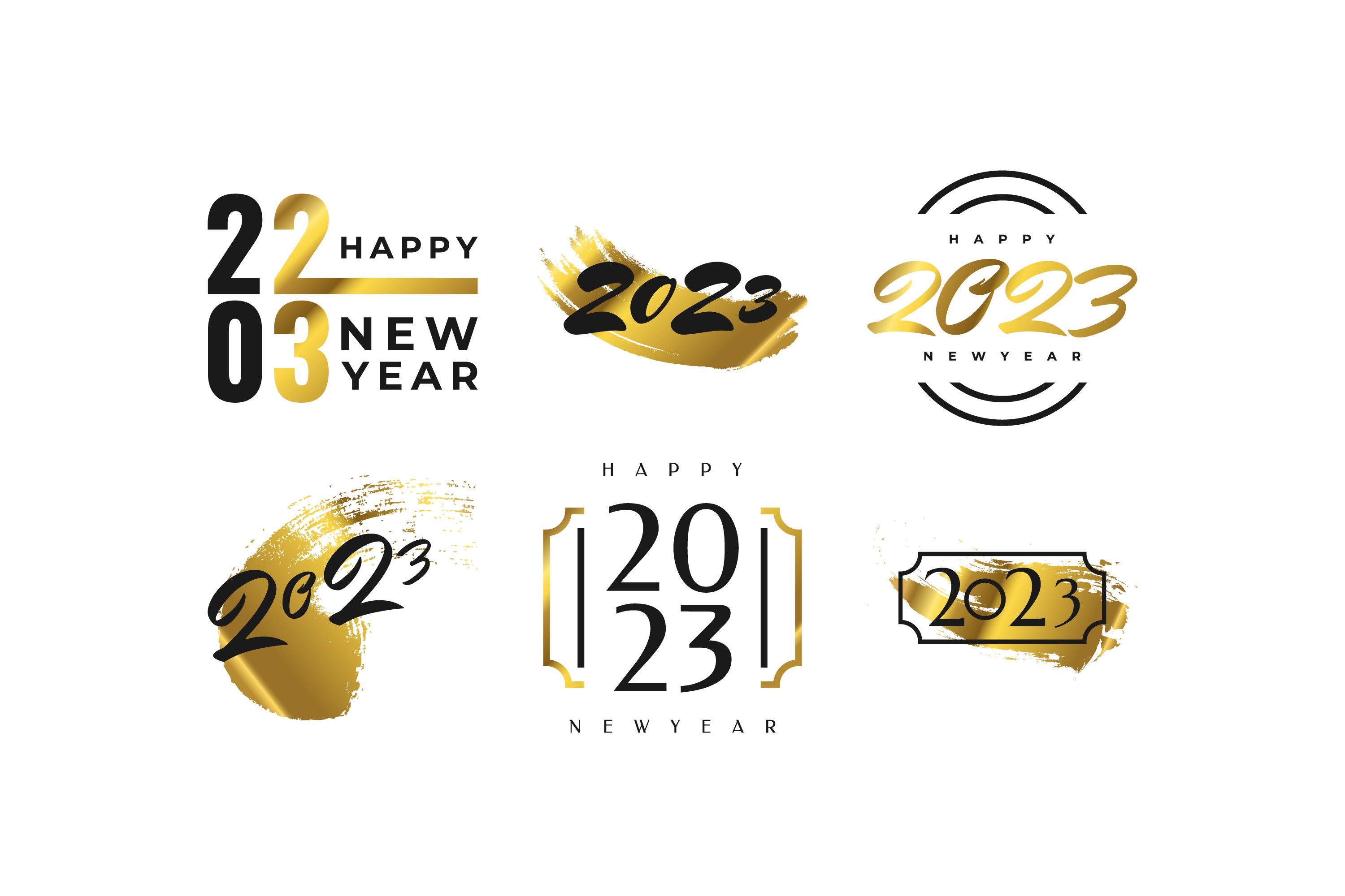 Set of 2023 Happy New Year Logo Design with Golden Brush