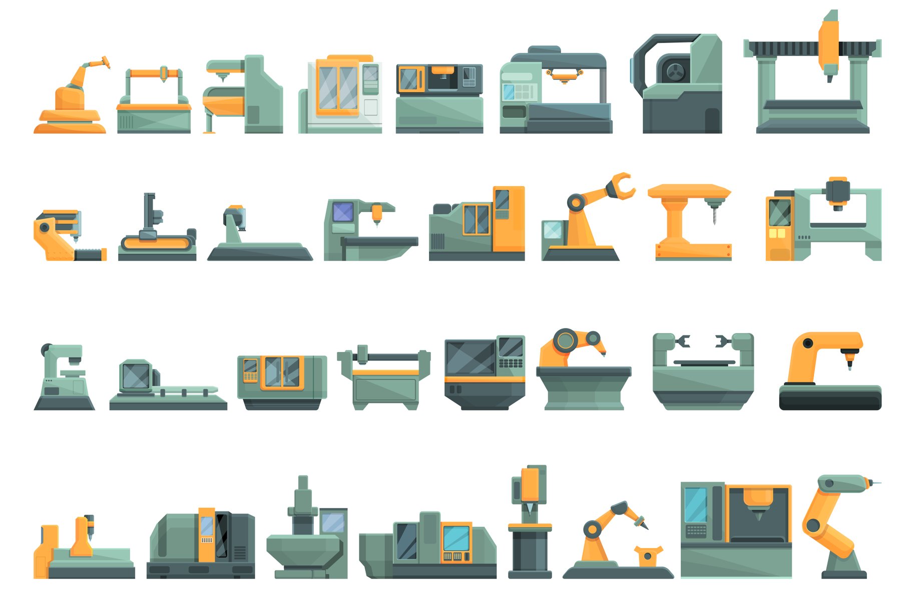 Cnc machine icons set cartoon vector. Mill controller