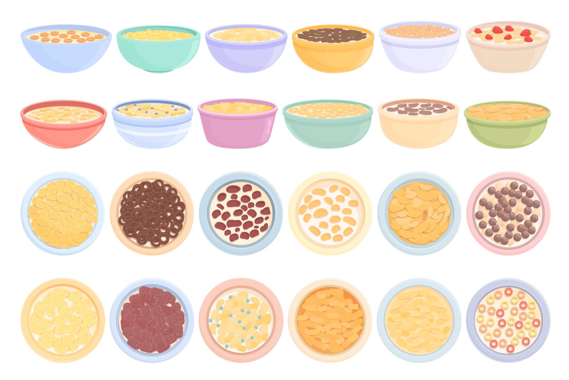 Breakfast cereal icons set cartoon vector. Granola snack (1788137 ...