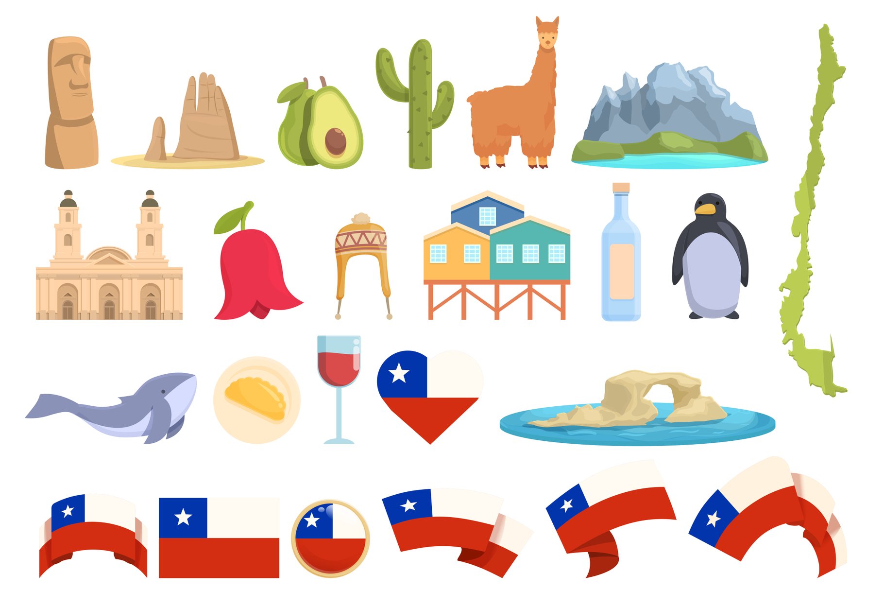 Chile icons set cartoon vector. Map adventure