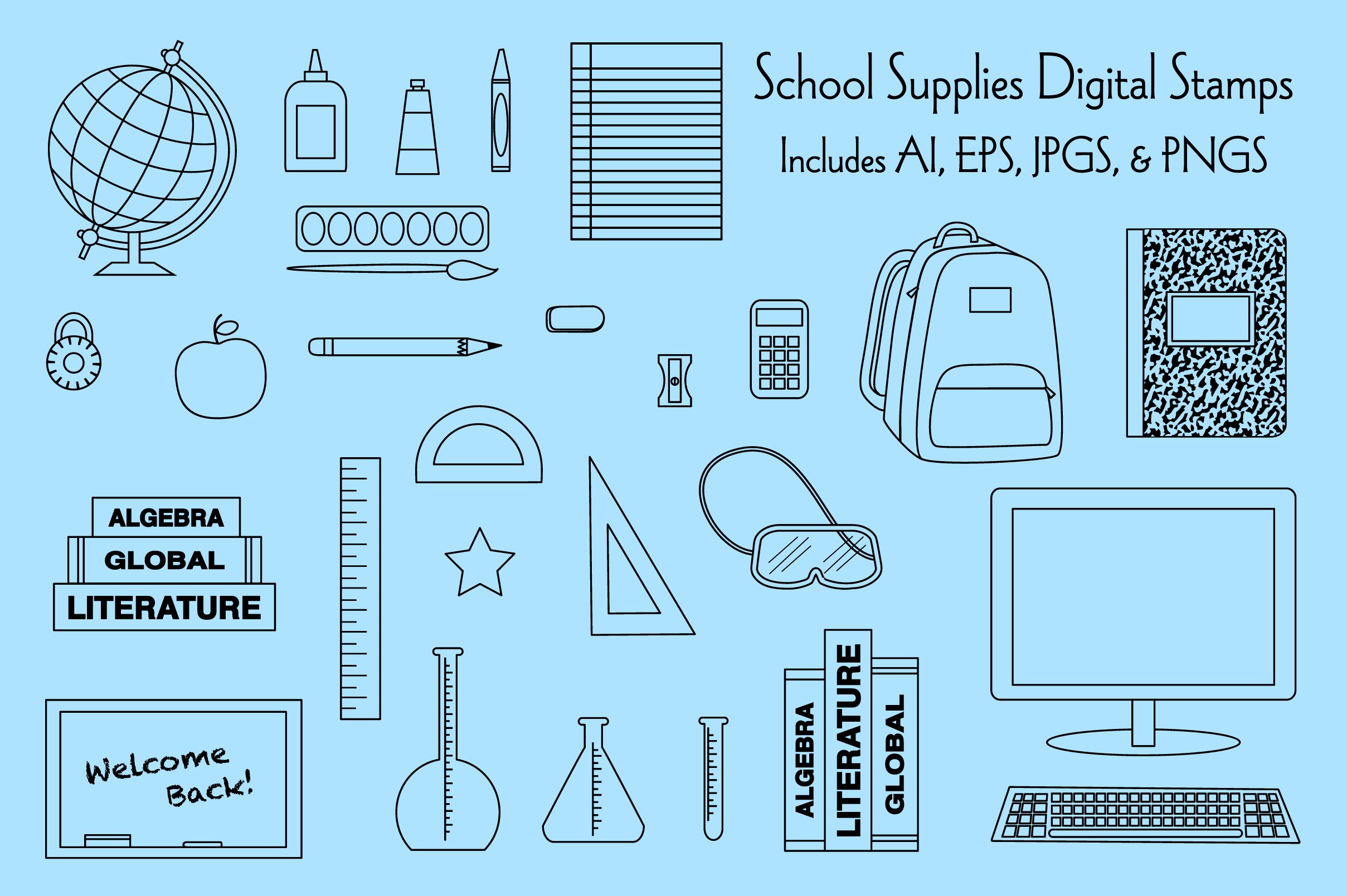 School Supplies Digital Stamps (1399754) | Illustrations | Design Bundles