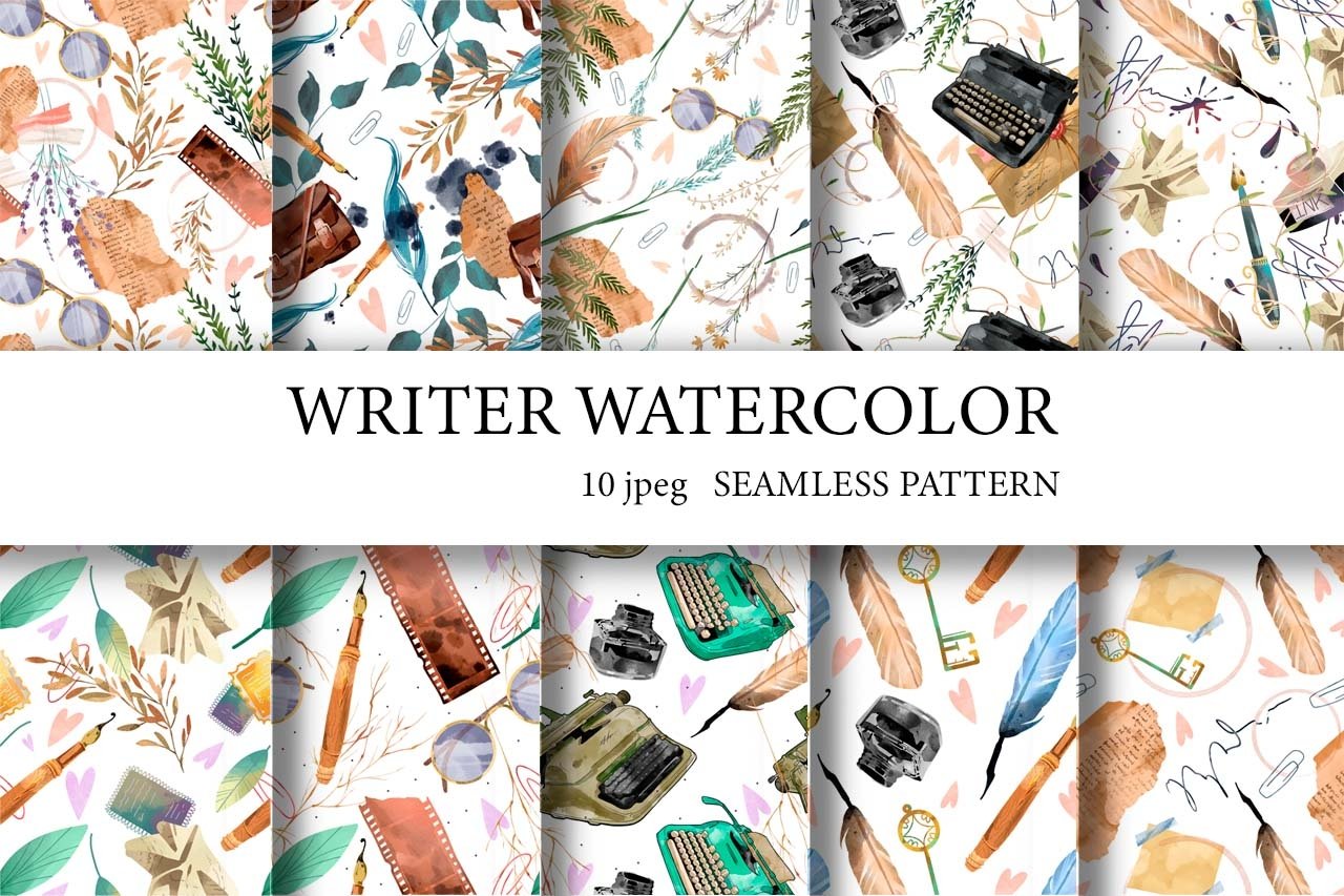 Writer seamless pattern. Watercolor typewriter pattern. (1823819 ...