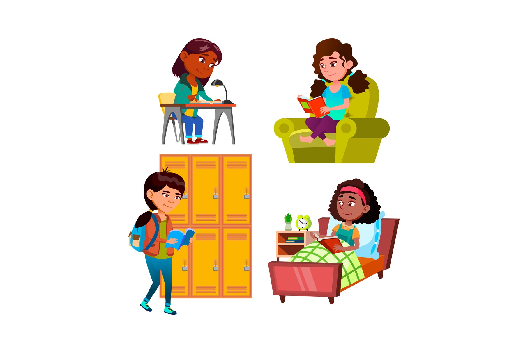 School Girls Children Reading Book Set Vector (2229486) | Icons ...