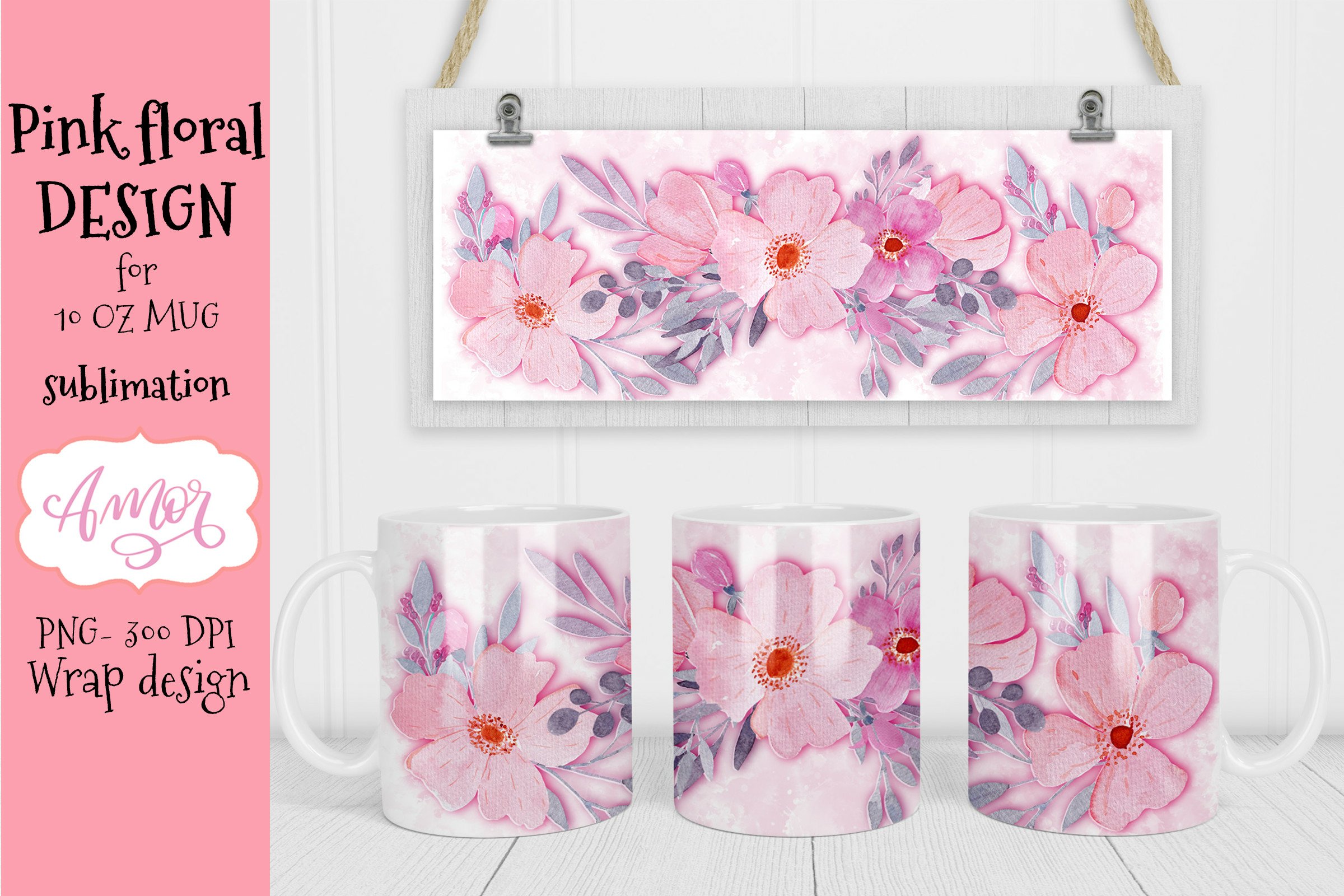 Pink floral 11oz mug wrap for sublimation (1432100) | Sublimation ...