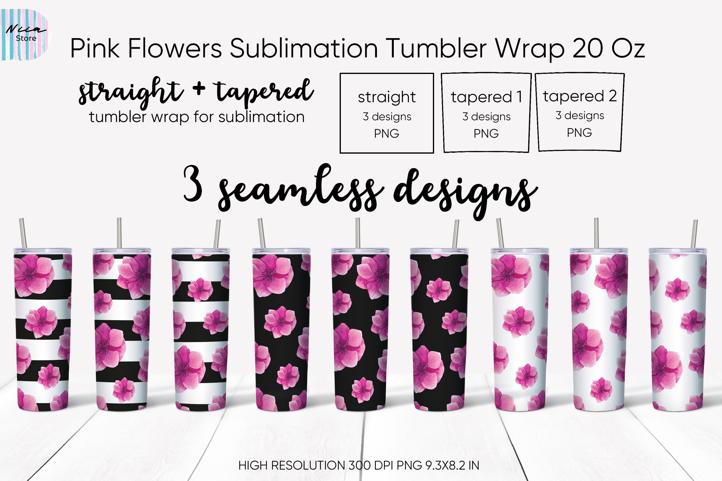 Pink Flowers Skinny Seamless Tumbler Sublimation Wrap Bundle (1406300 ...