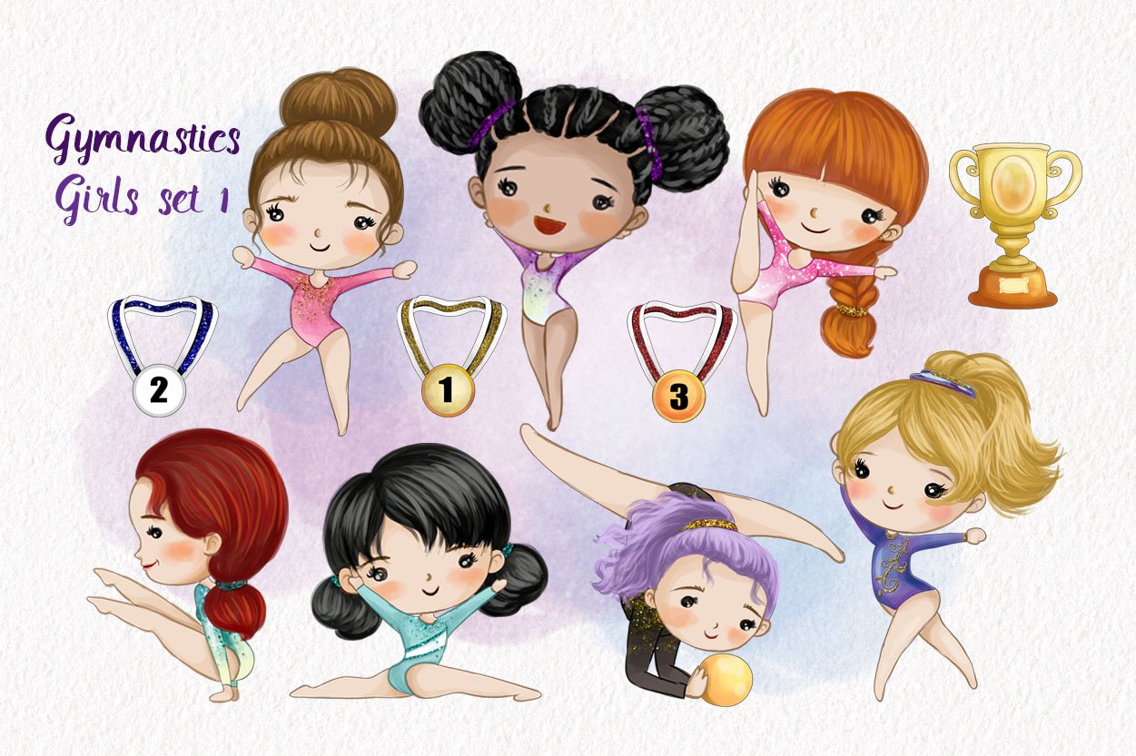 Gymnastics girls set 1 clipart (1814587) | Clipart | Design Bundles