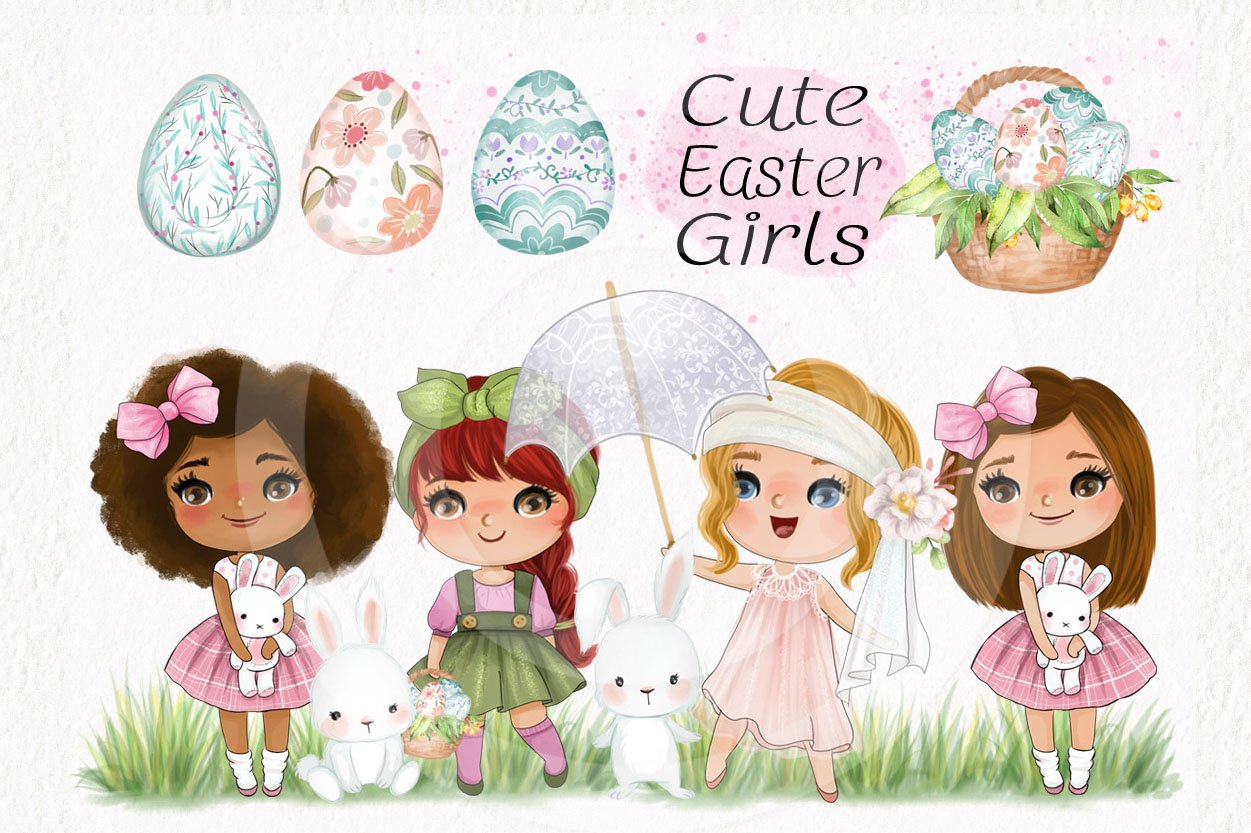 Cute Easter girls clipart (1815398) | Clipart | Design Bundles