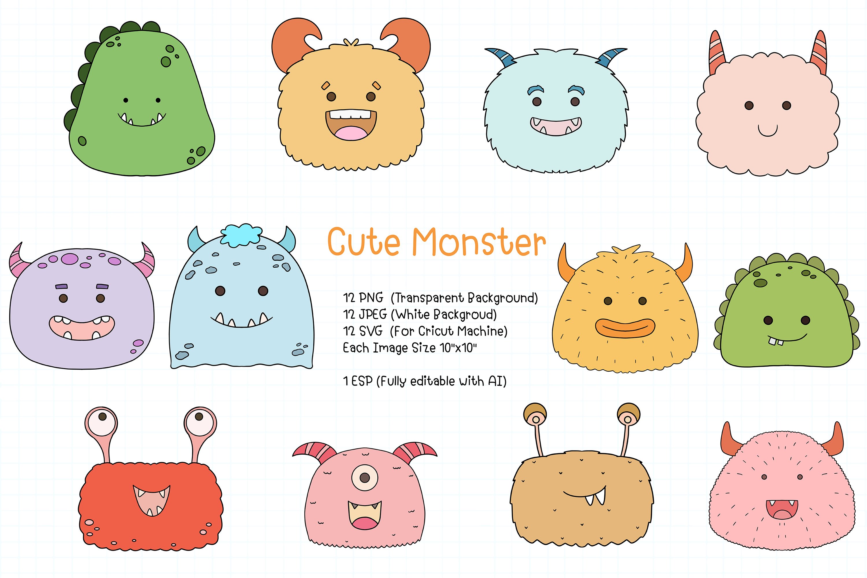 Cute Monster Clipart SVG, PNG, JPEG (1381573) | Illustrations | Design ...