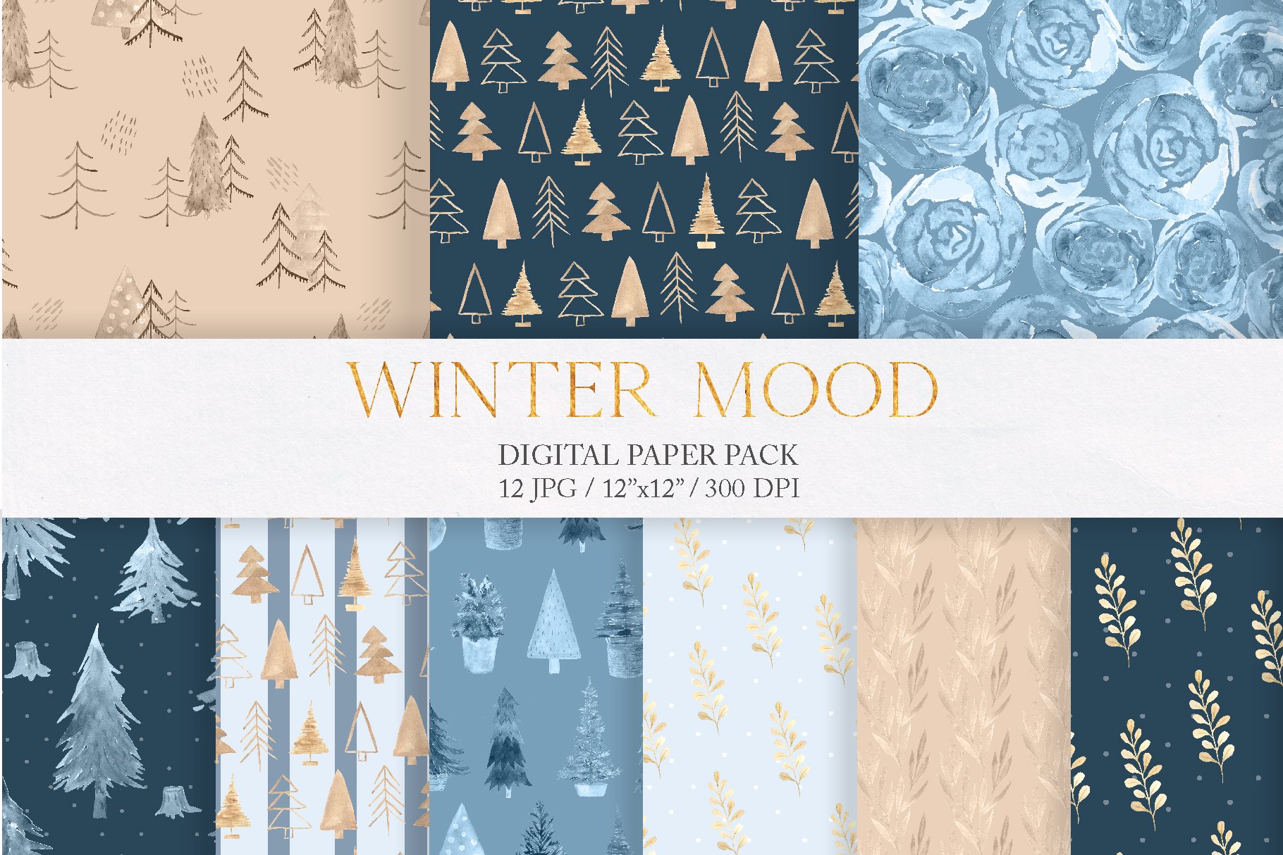 Watercolor Blue Winter Digital Paper Pack
