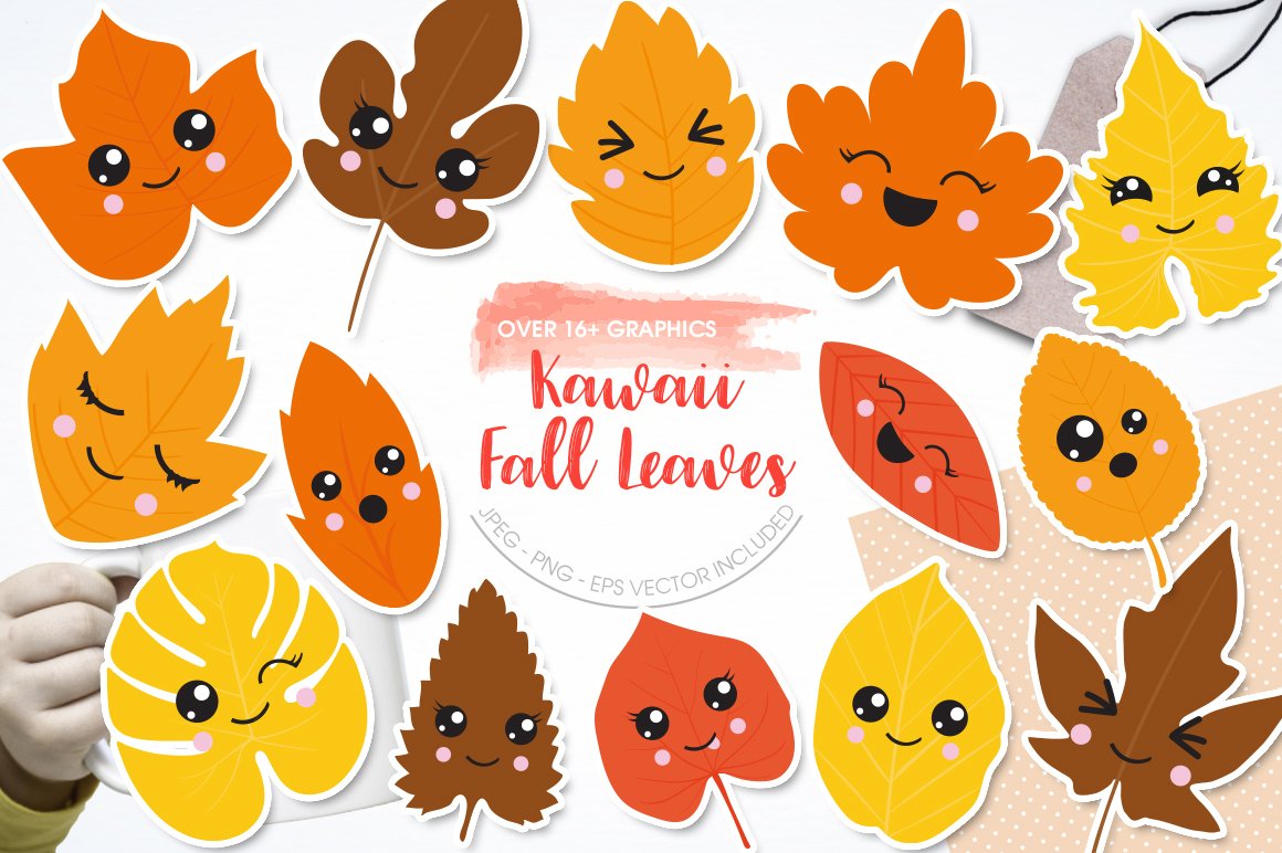Kawaii Fall Leaves Graphic & Illustration - (2098273)