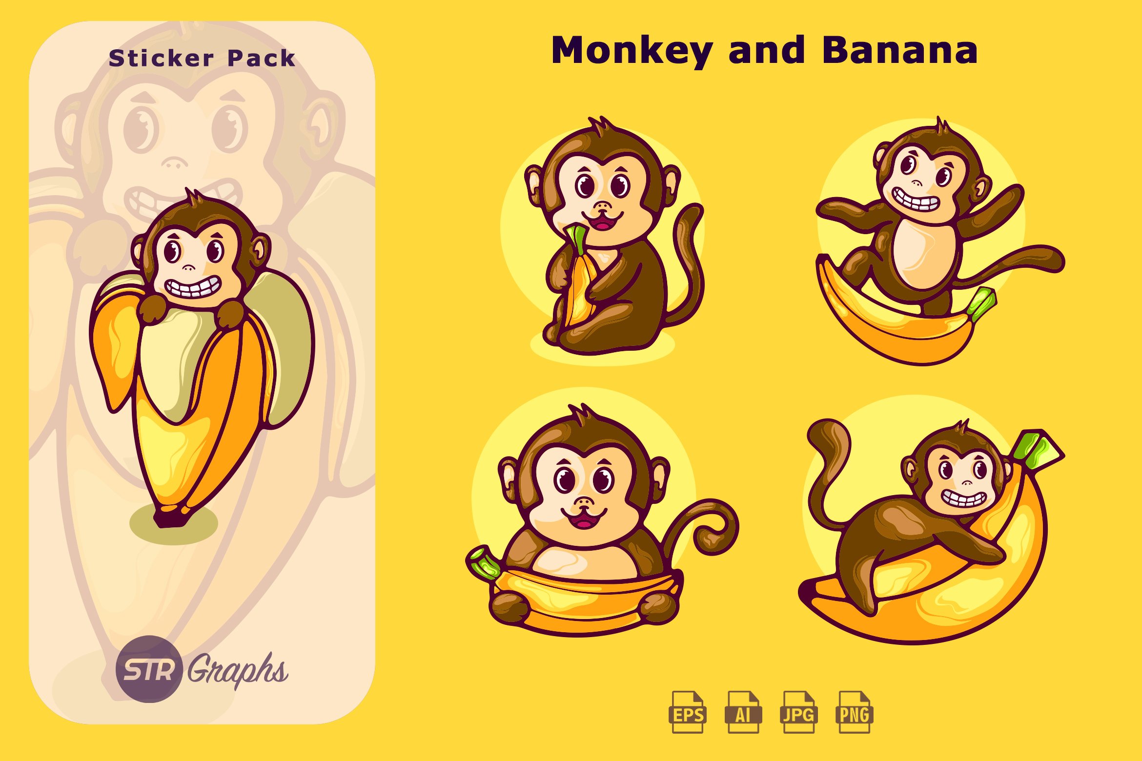 Monkey and Banana - Sticker Pack (1835023) | Illustrations | Design Bundles