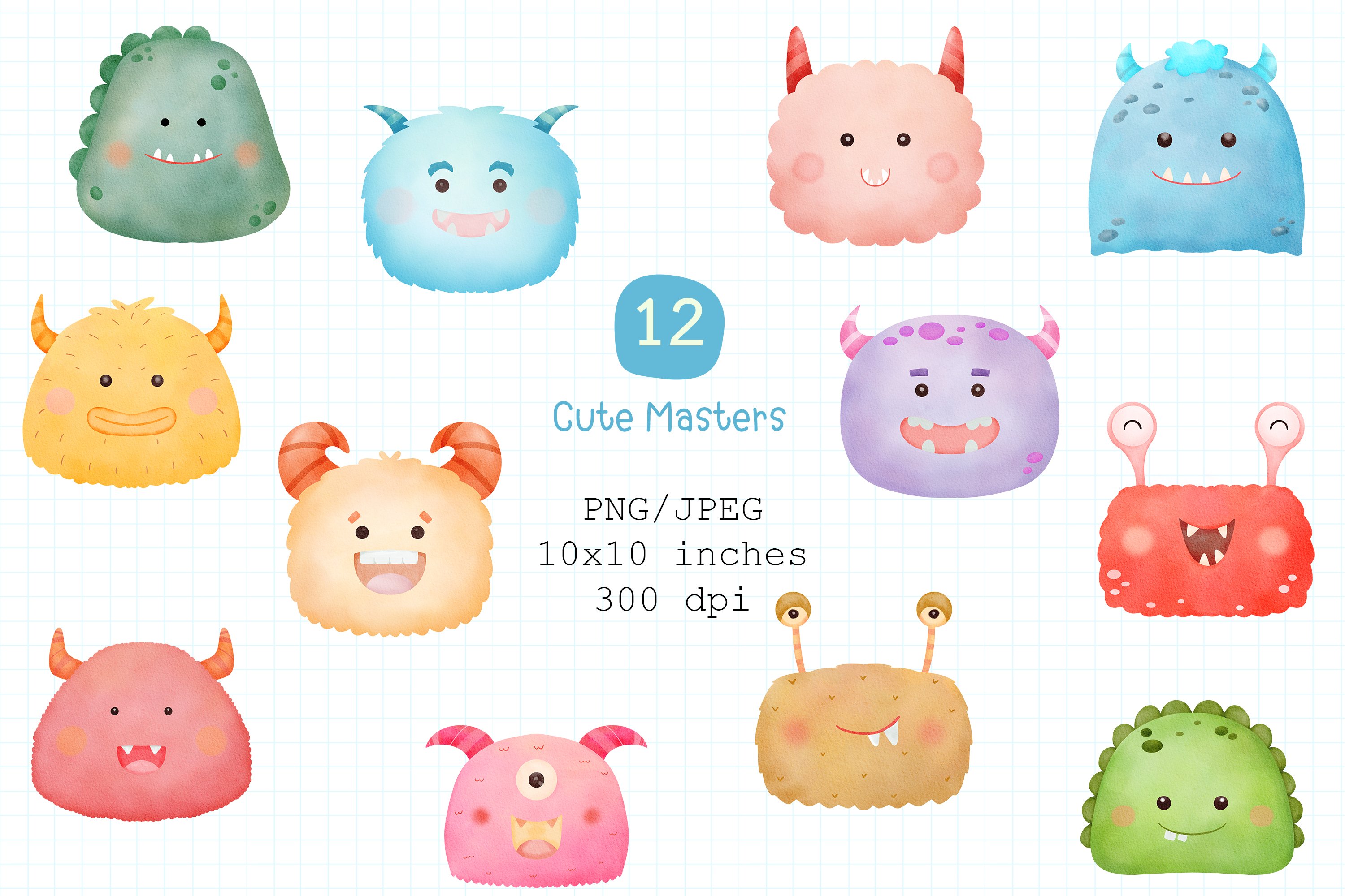 Cute Monster Watercolor Clipart PNG and JPEG. (1381427) | Illustrations ...