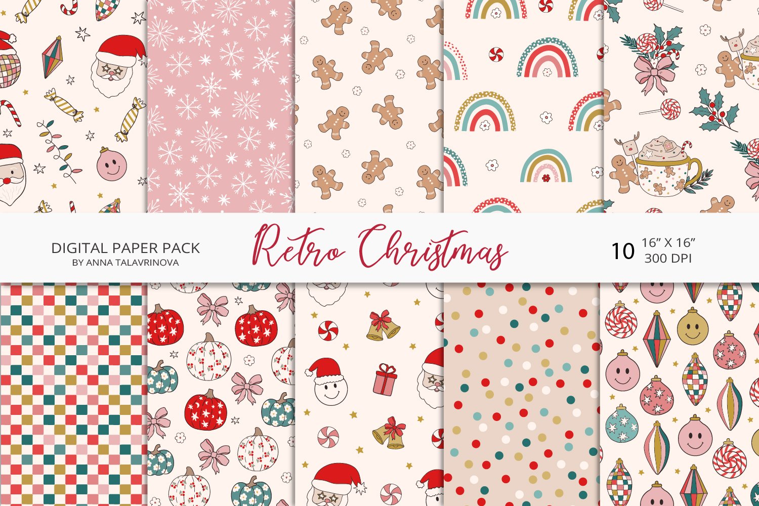 Vintage Christmas Retro Digital Paper Collection Of Vintage Christmas