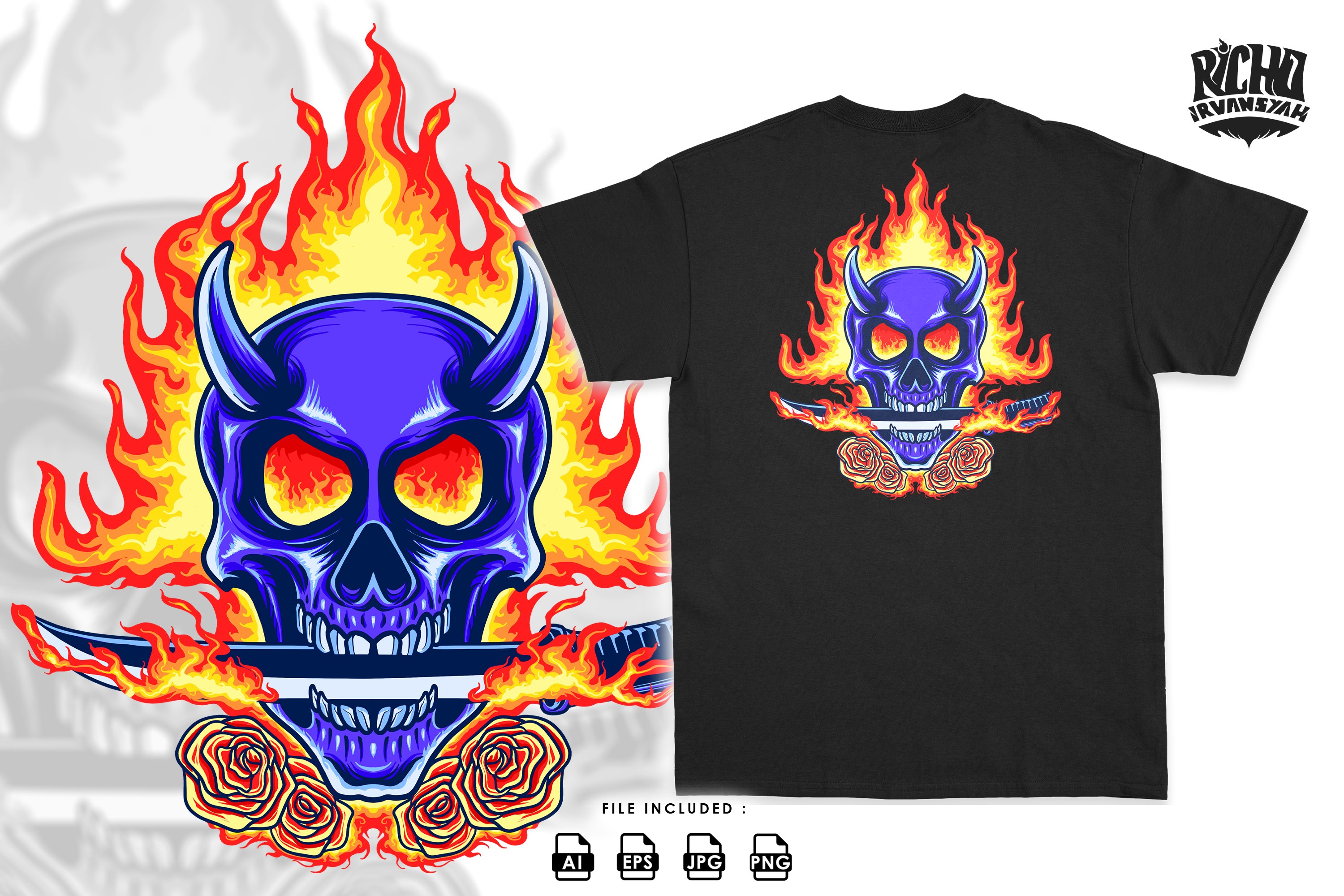 Blue Skull Rose Hellfire Vector Illustration