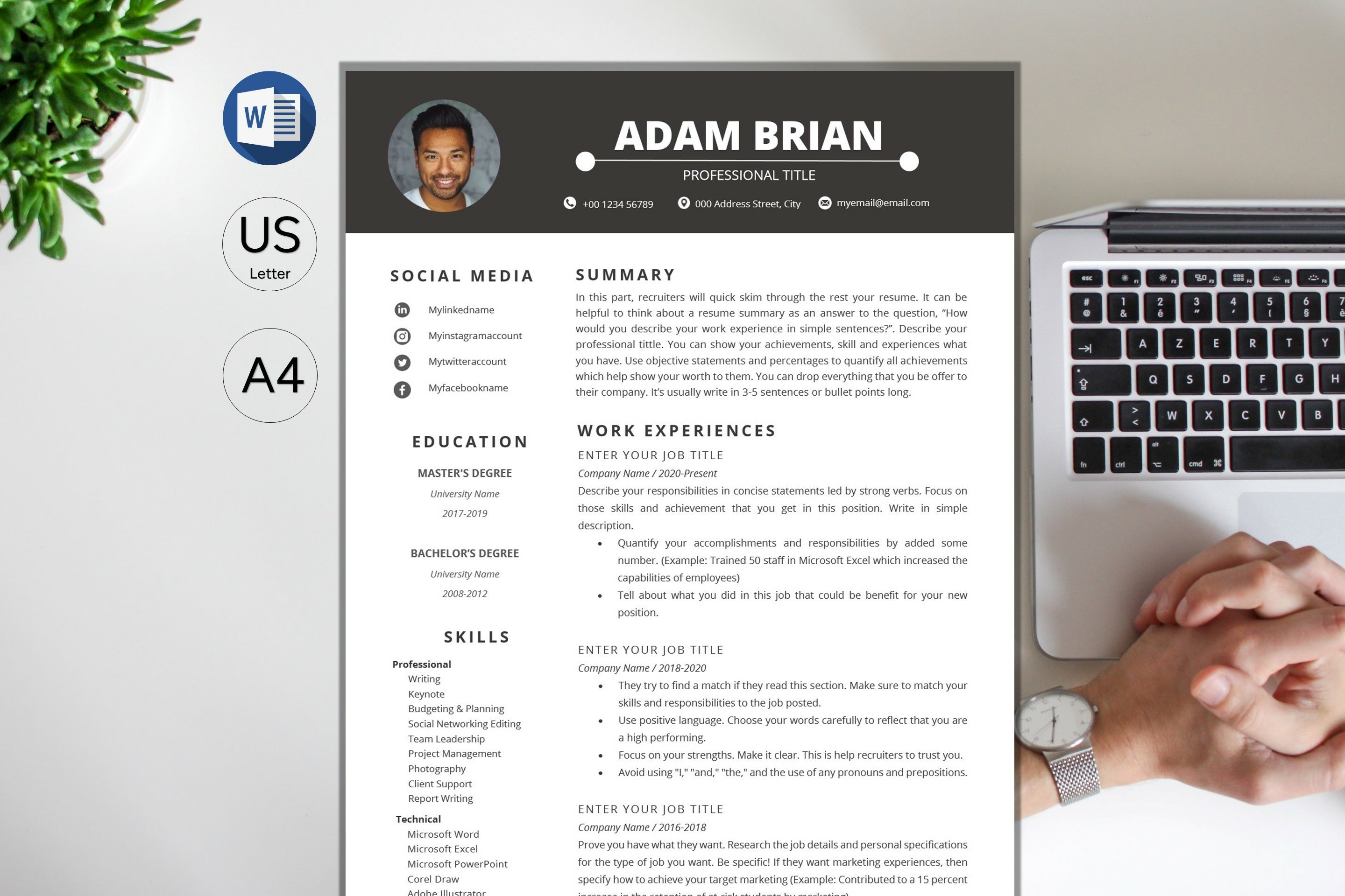 Black theme resume template word, cv template, clean cv