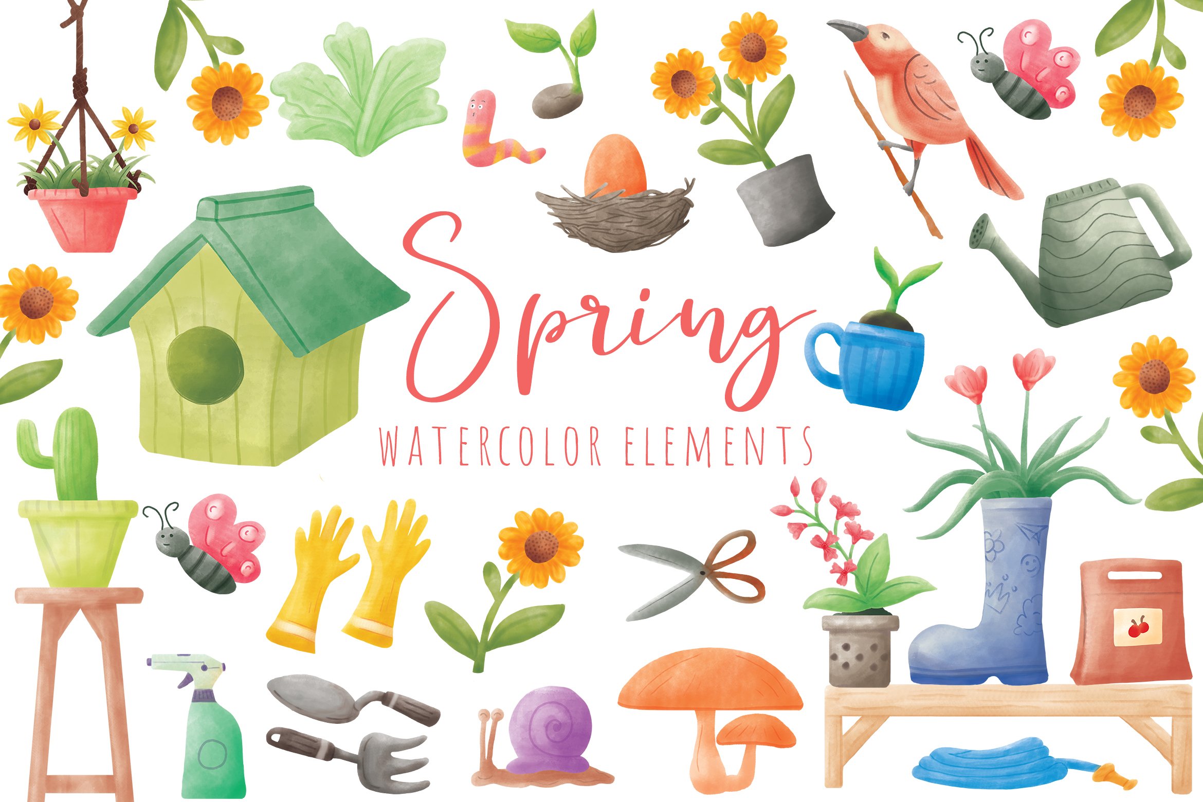 Watercolor Spring Garden Clipart (1833627) | Illustrations | Design Bundles