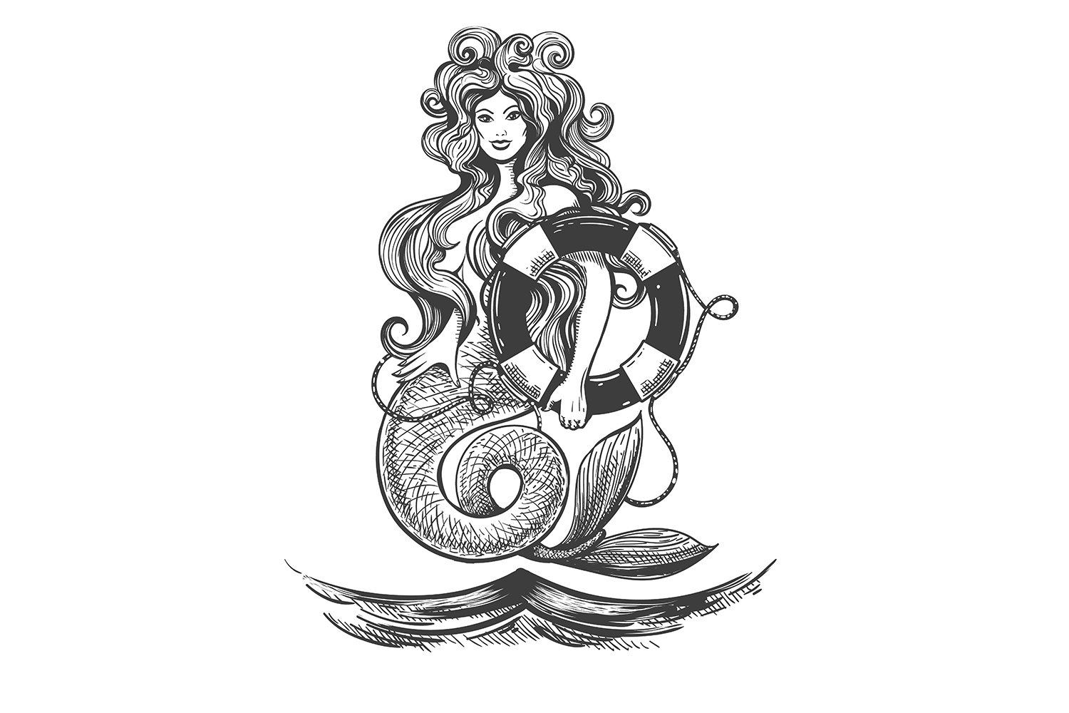 Vintage Mermaid Black And White Drawing