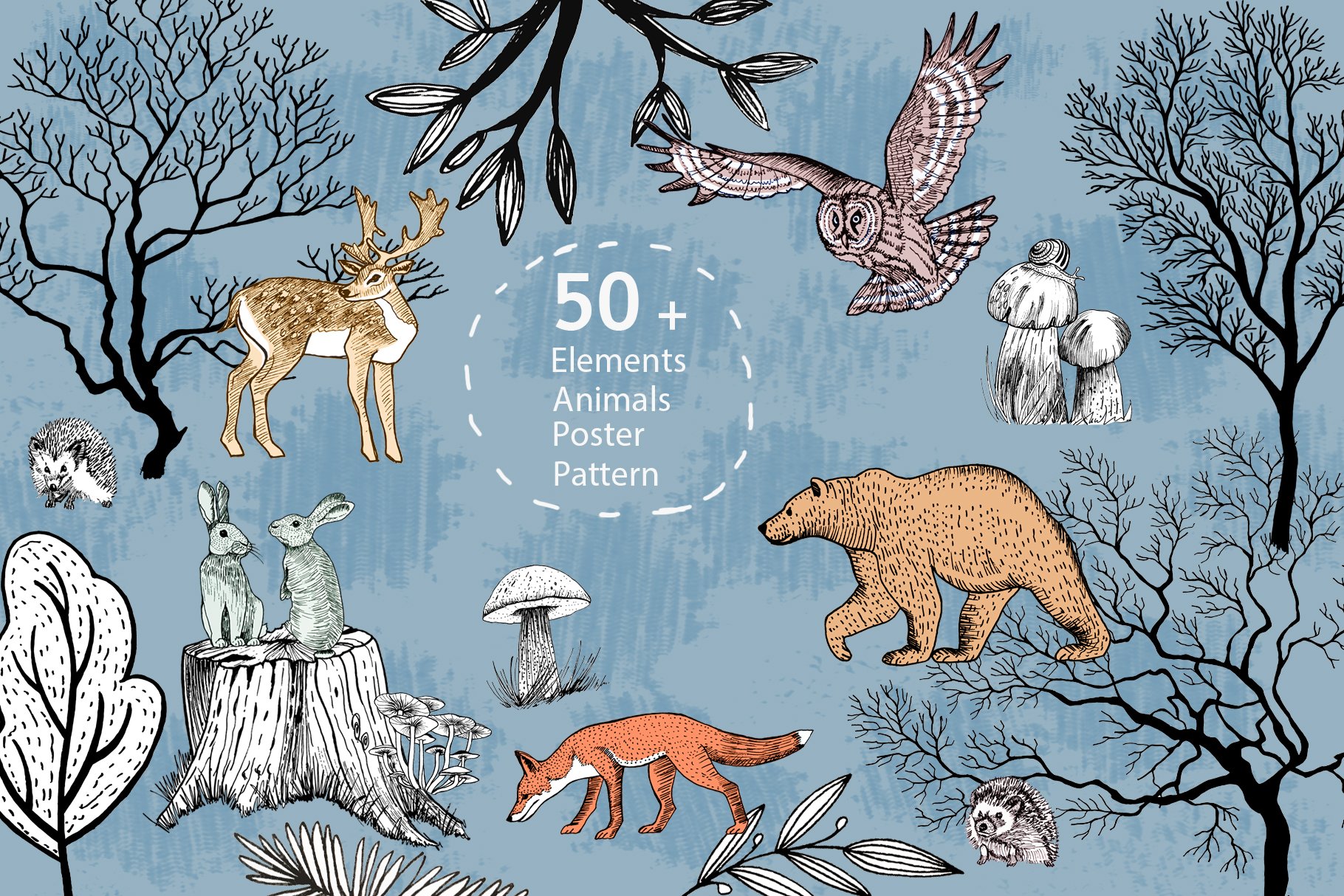 Forest animals, trees, mushrooms.