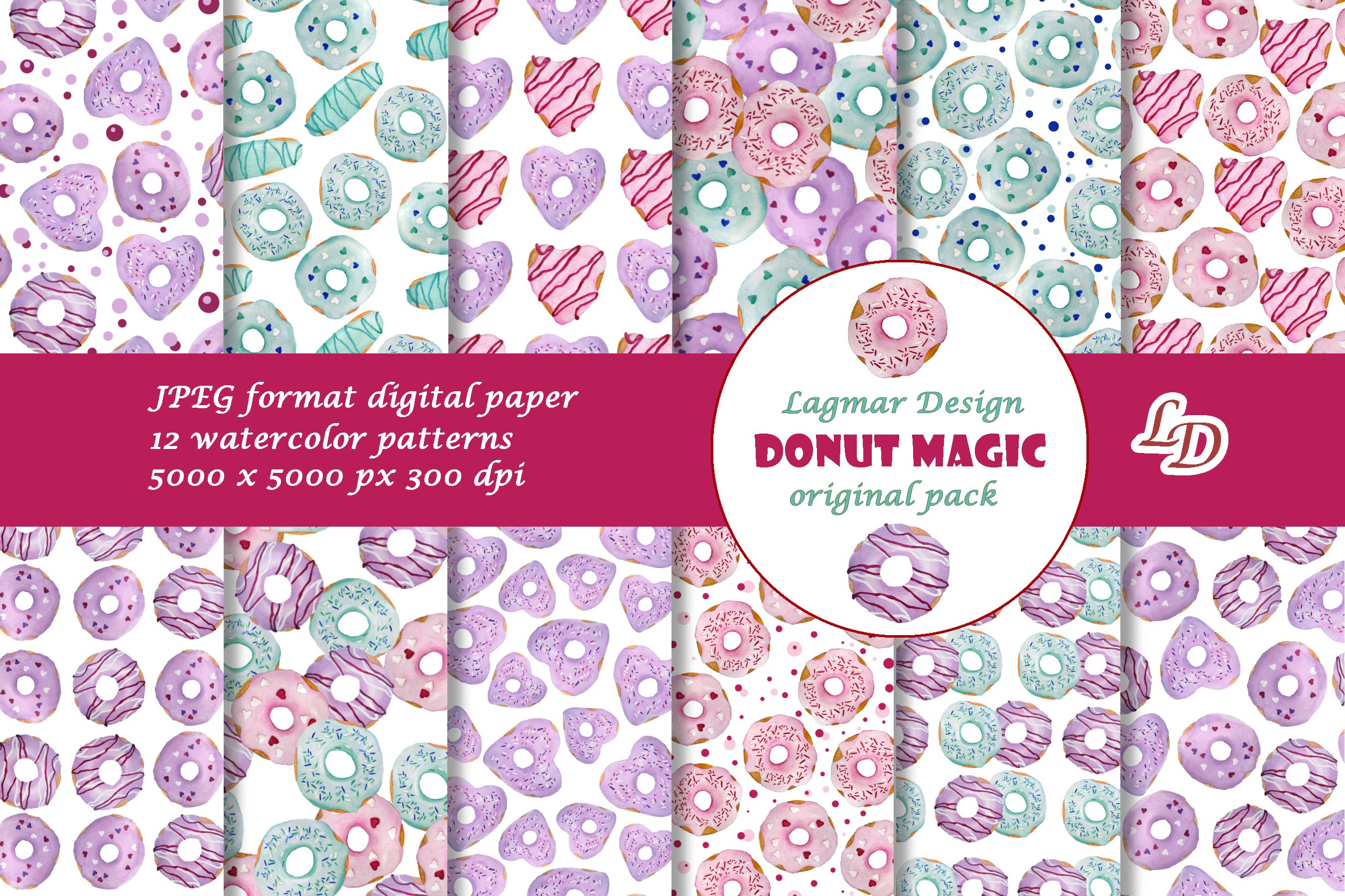 Donut digital paper, Sweet pastel seamless pattern Birthday