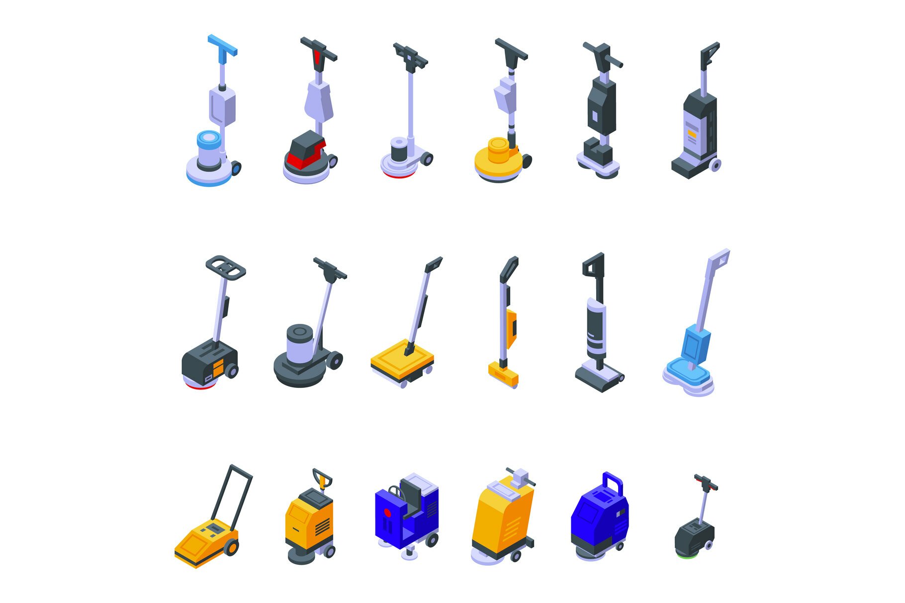 Floor washing machine icons set isometric vector. Cleaning