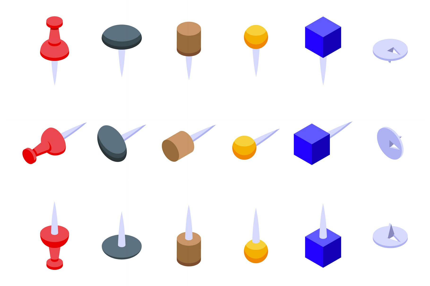 Push pin thumbtack icons set isometric vector. Paper office