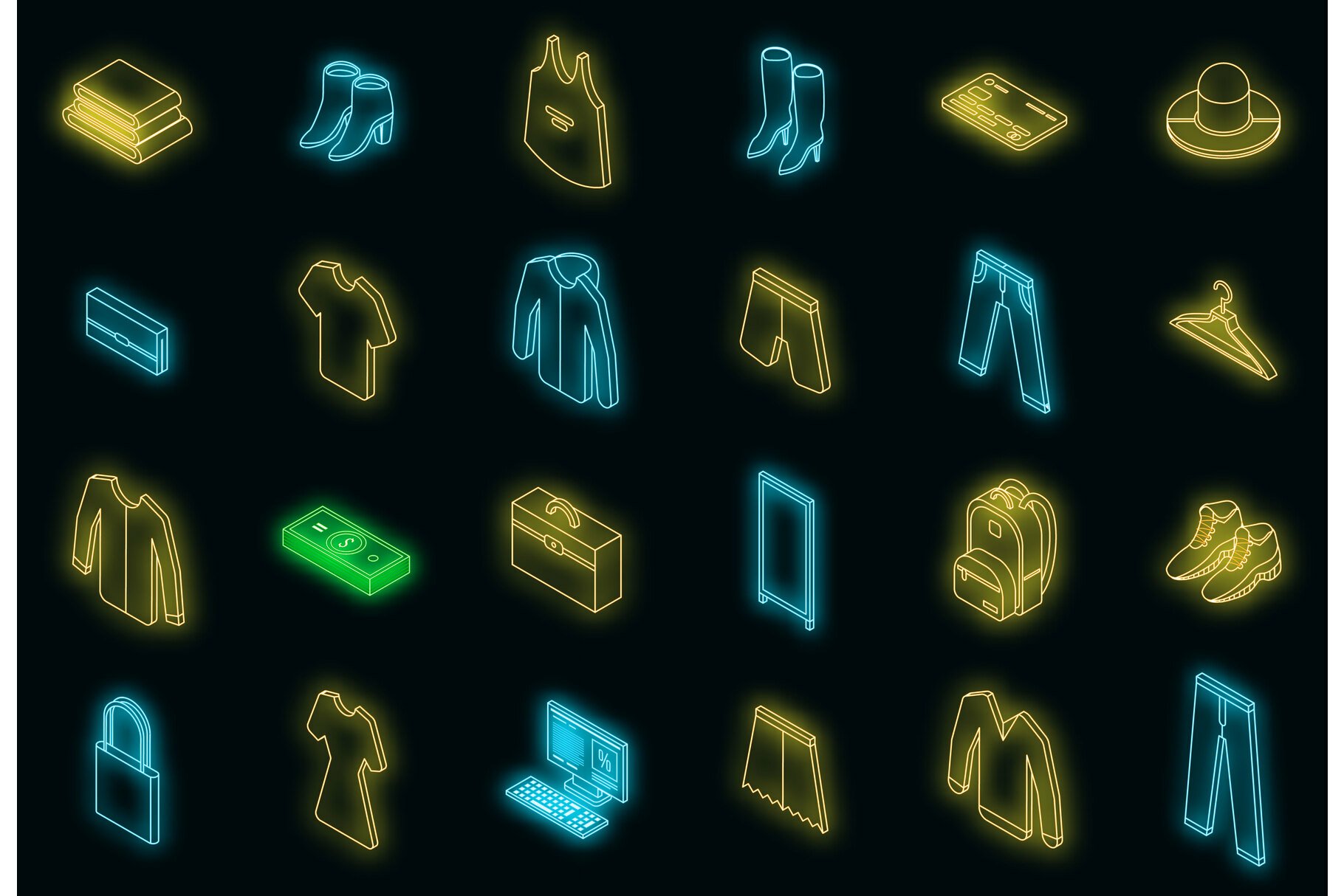 Clothing store icons set vector neon
