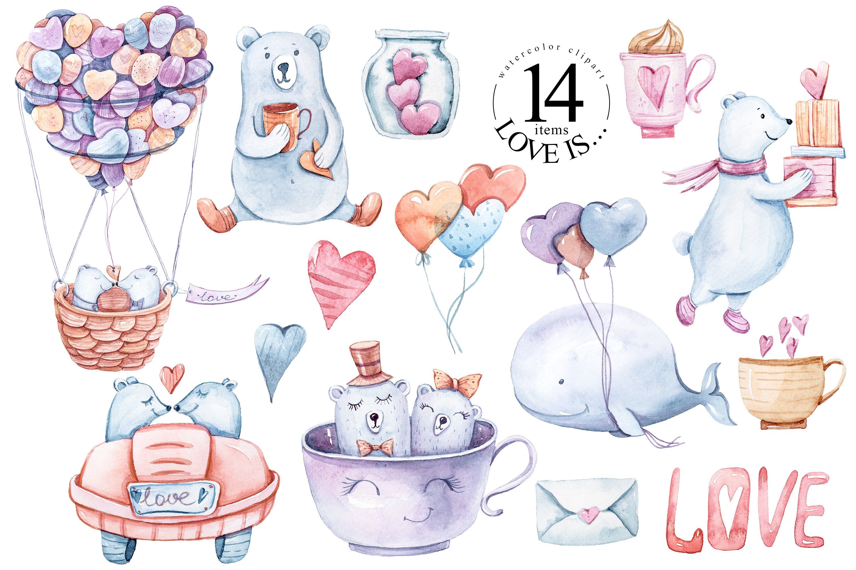 Valentines day bears and whales Clipart - 14 png files