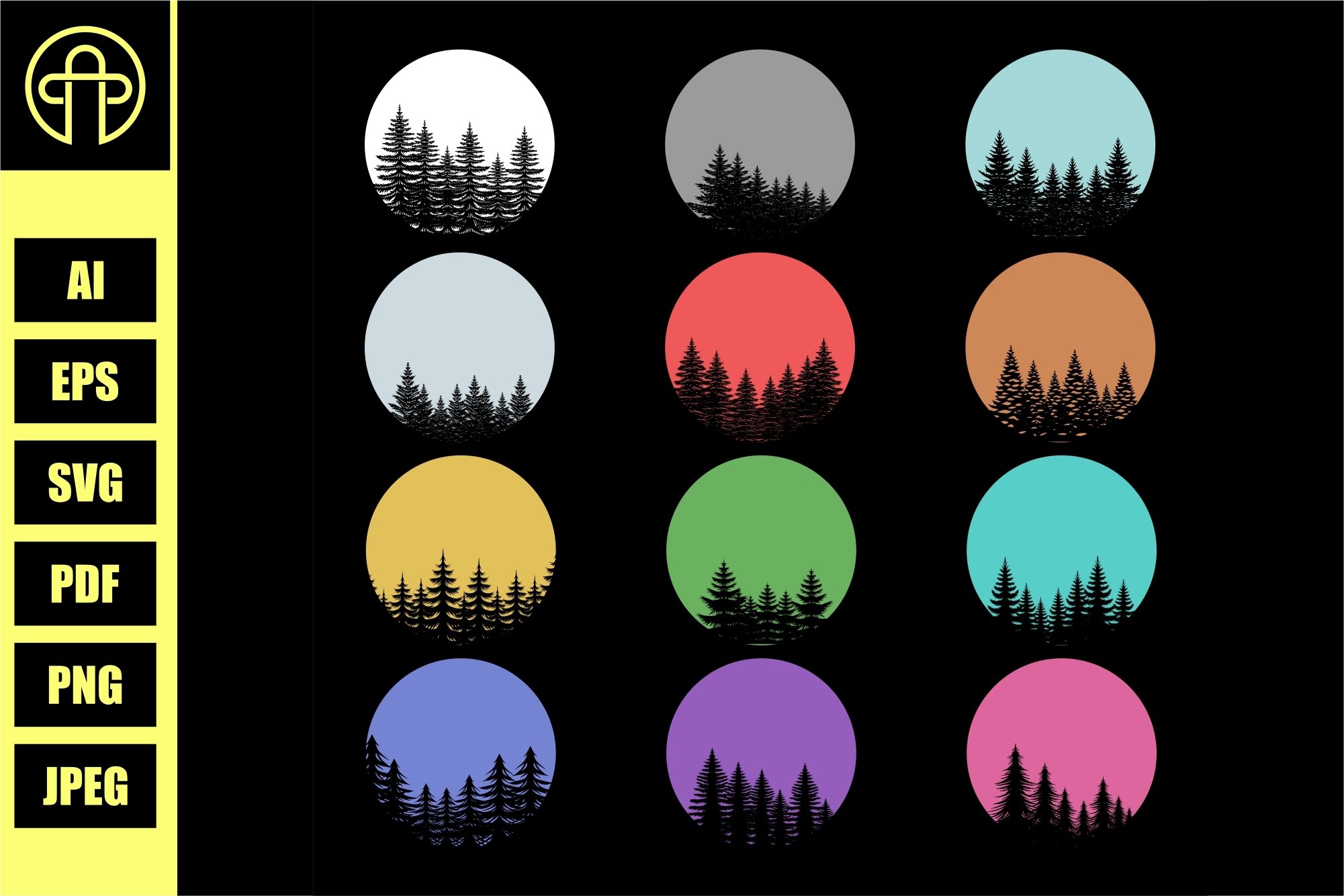 Vintage Tree Silhouette Vintage Retro Pine Tree Silhouette Set